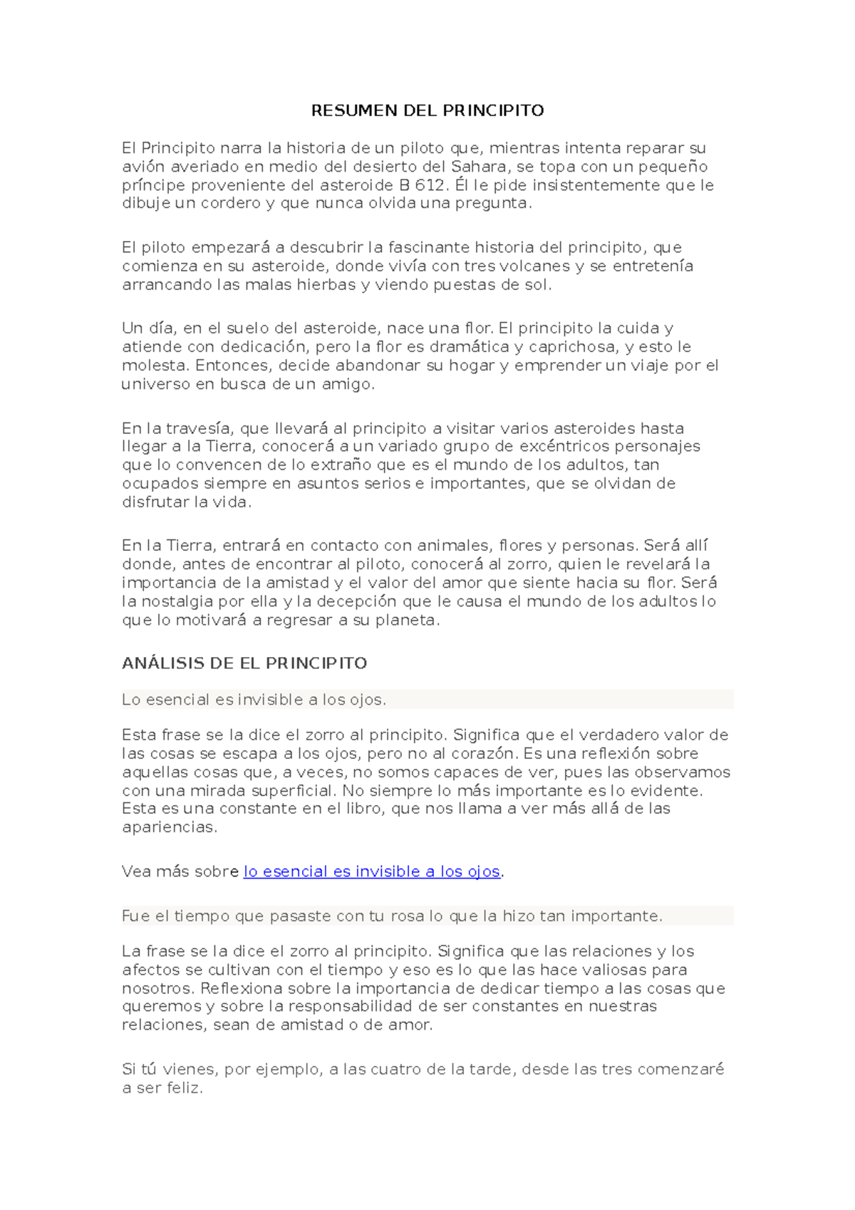 Resumen del Principito - RESUMEN DEL PRINCIPITO El Principito narra la ...
