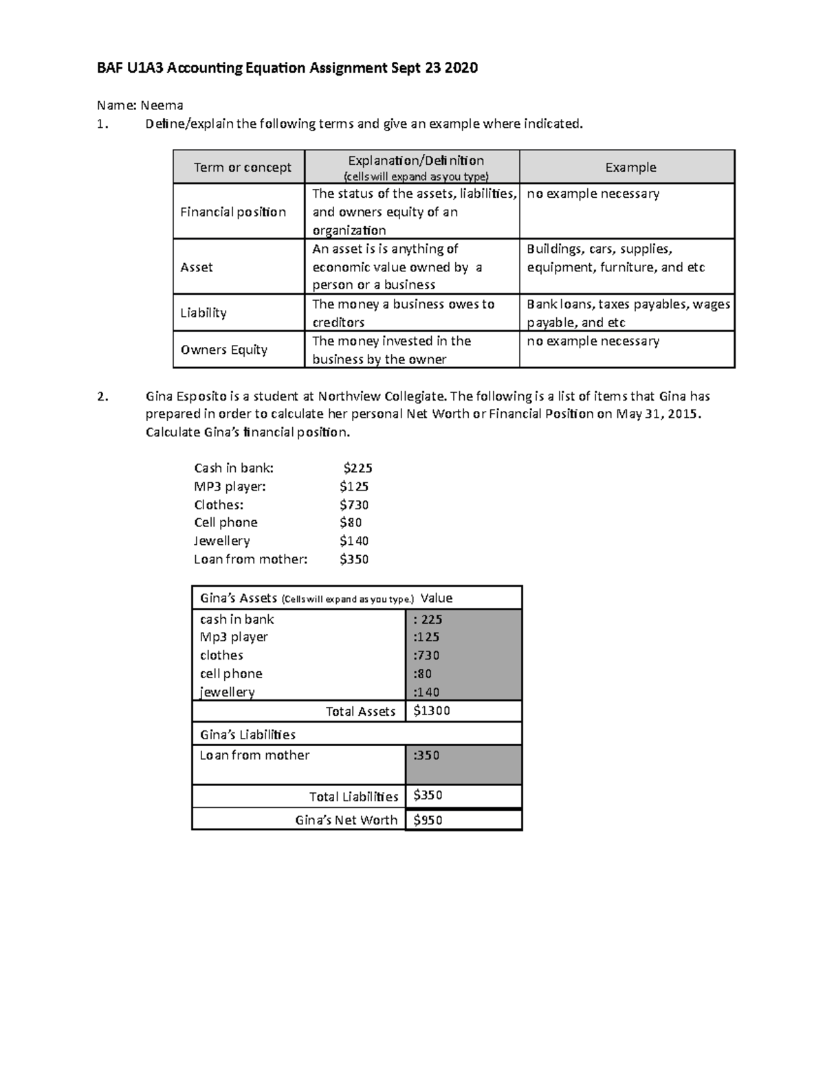 Accounting equation - BAF U1A3 Accouning Equaion Assignment Sept 23 ...