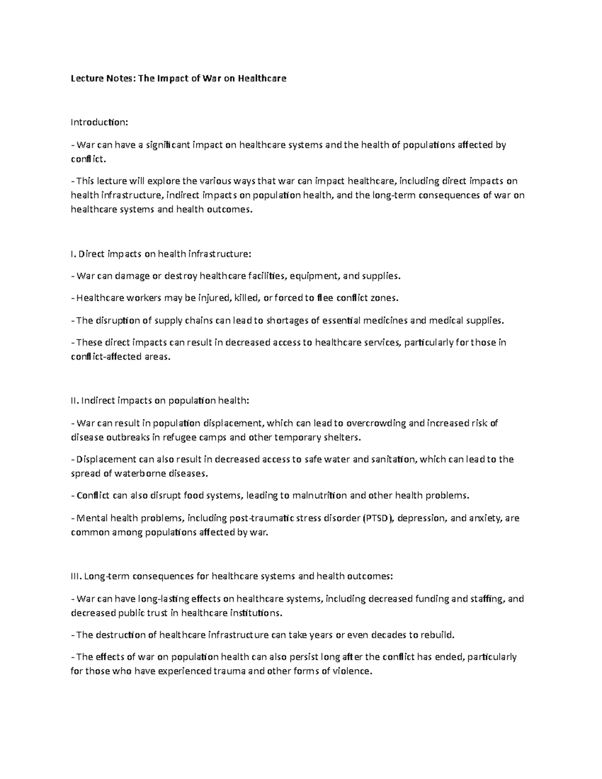 Lecture Notes: The Impact of War on Healthcare - Lecture Notes: The ...