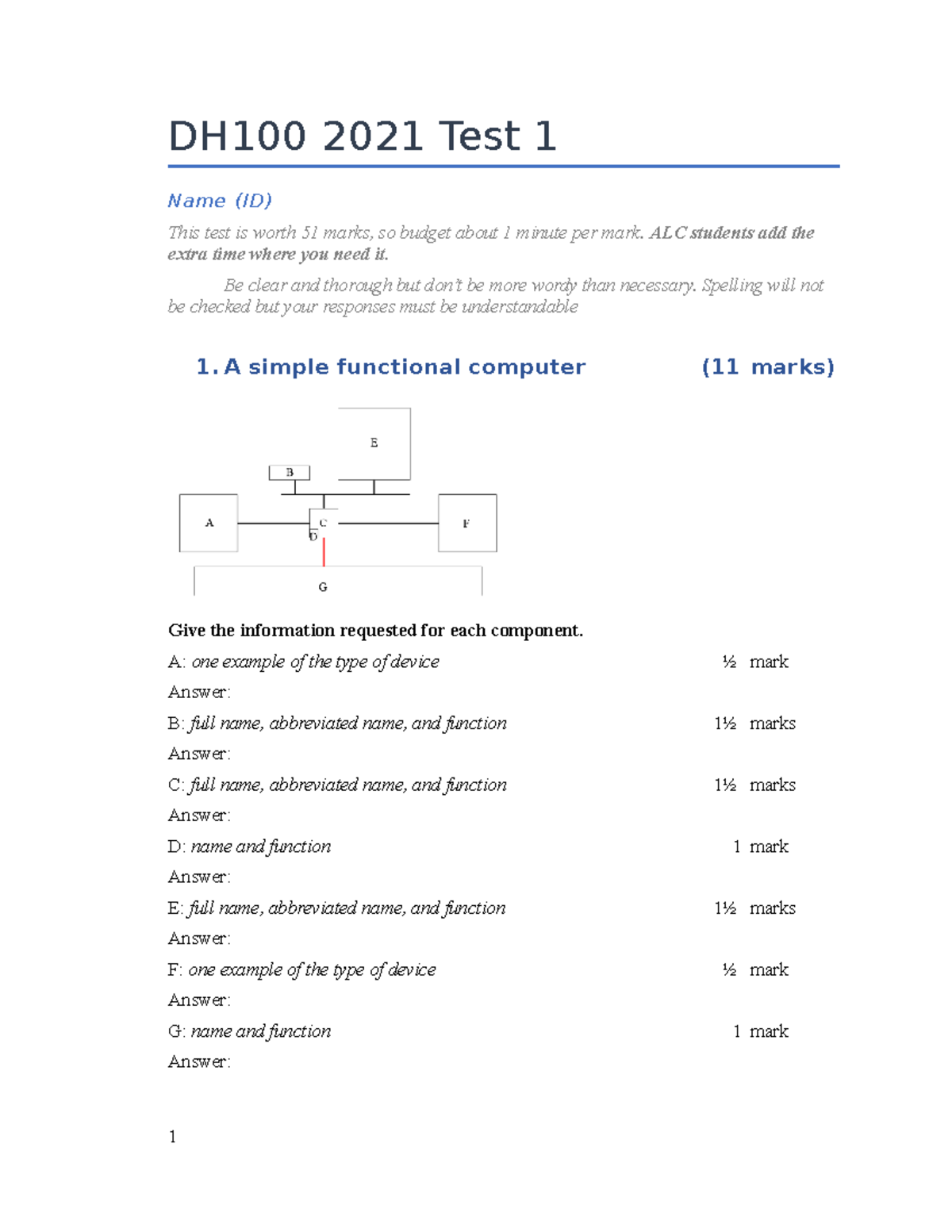DH100 2109 Test 01 - notes - DH100 2021 Test 1 Name (ID) This test is ...