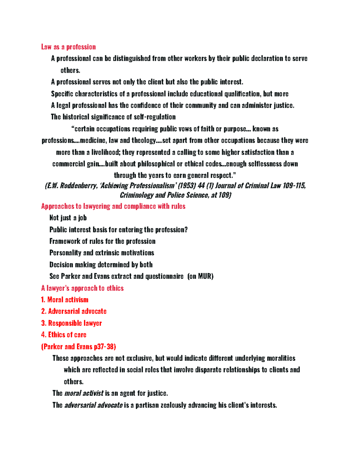 Ethics and Prof Responsibility Week 1-3 summary - Law as a profession A ...