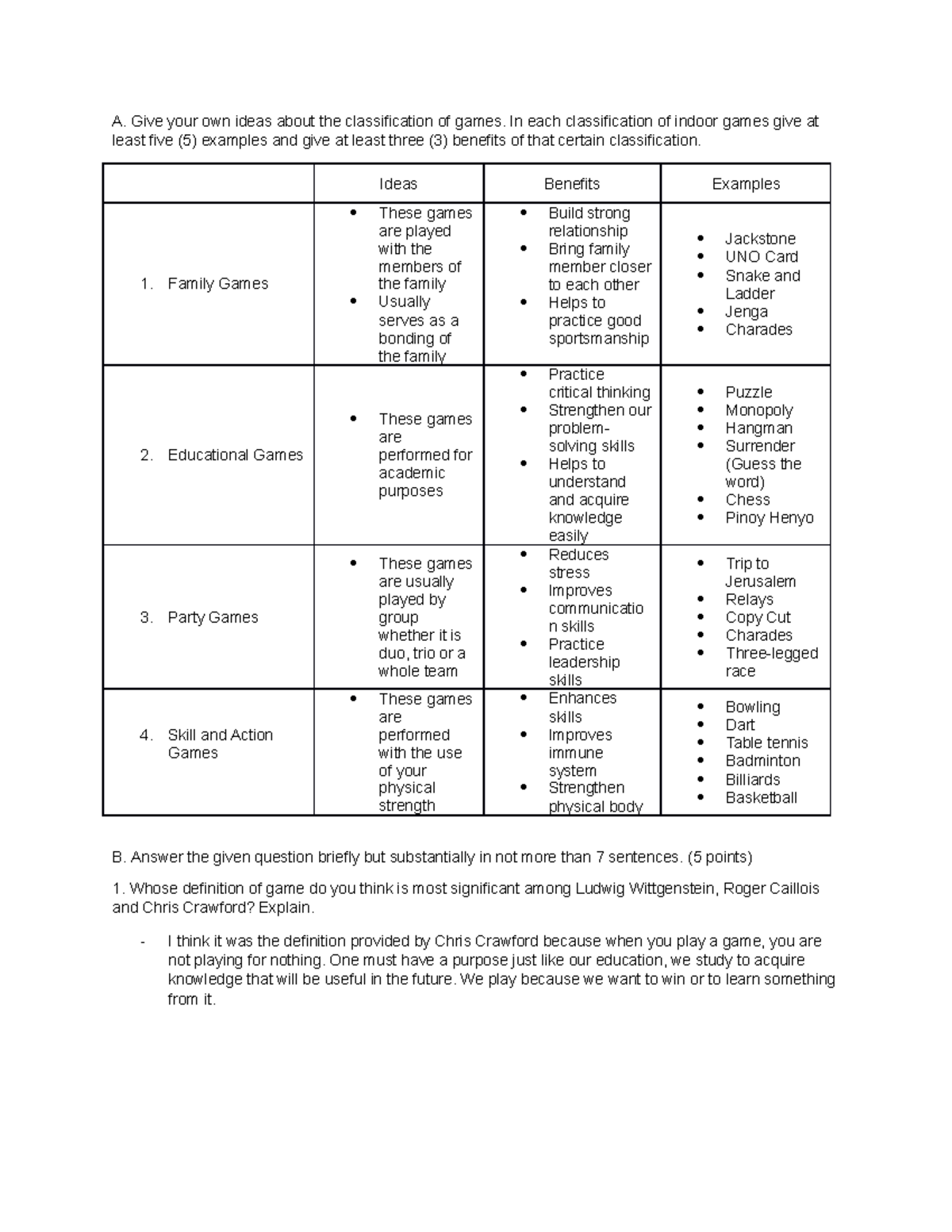 Give your own ideas about the classification of games - A. Give your ...