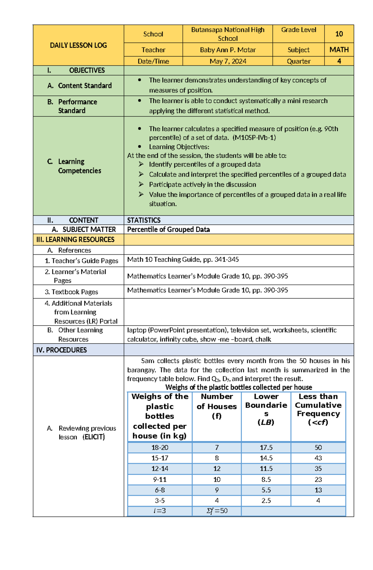 Lesson plan for percentiles for grouped data ( Final demo na to kaya ko ...
