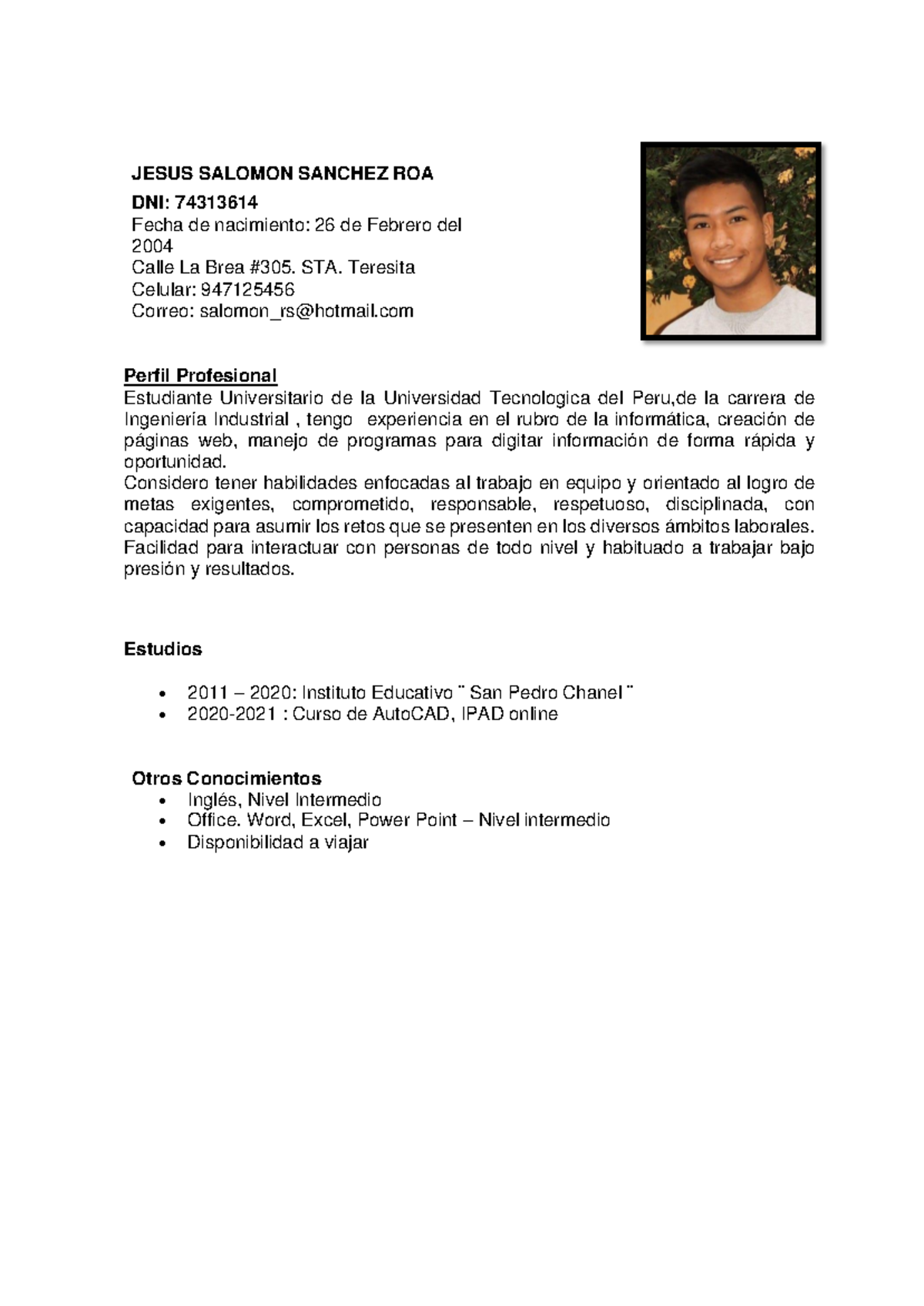 Curriculum - Salomon Sanchez Roa - JESUS SALOMON SANCHEZ ROA DNI: 74313614 Fecha de nacimiento ...