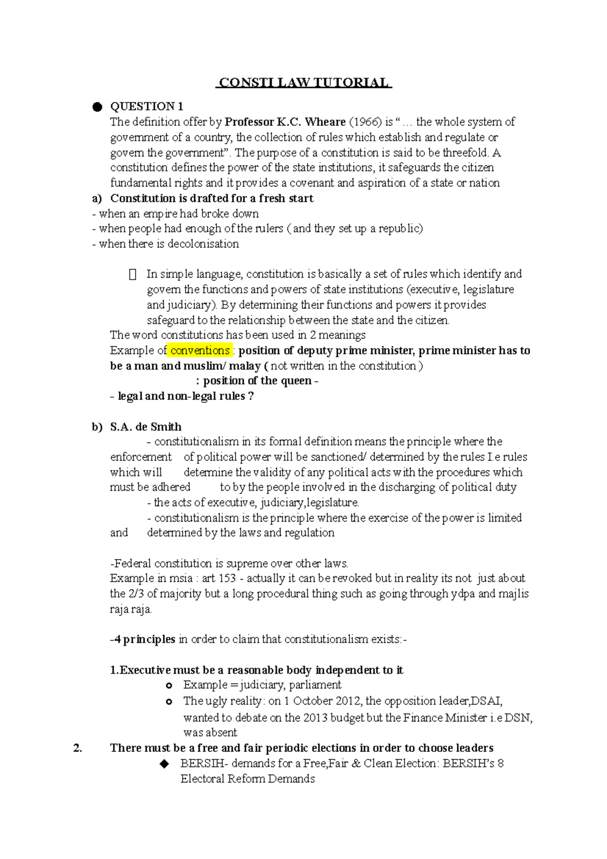 LIA2004 Consti TUTO 1 - CONSTI LAW TUTORIAL QUESTION 1 The definition offer by Professor K ...