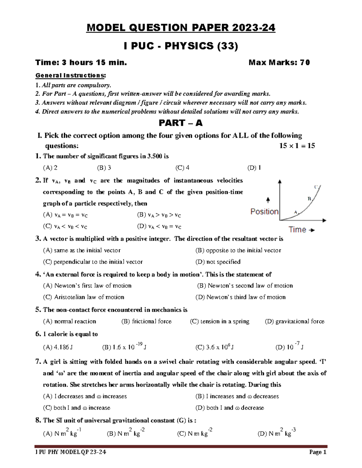 33. Physics Model QP I PUC 2023-24 PDF - MODEL QUESTION PAPER 2023- I ...