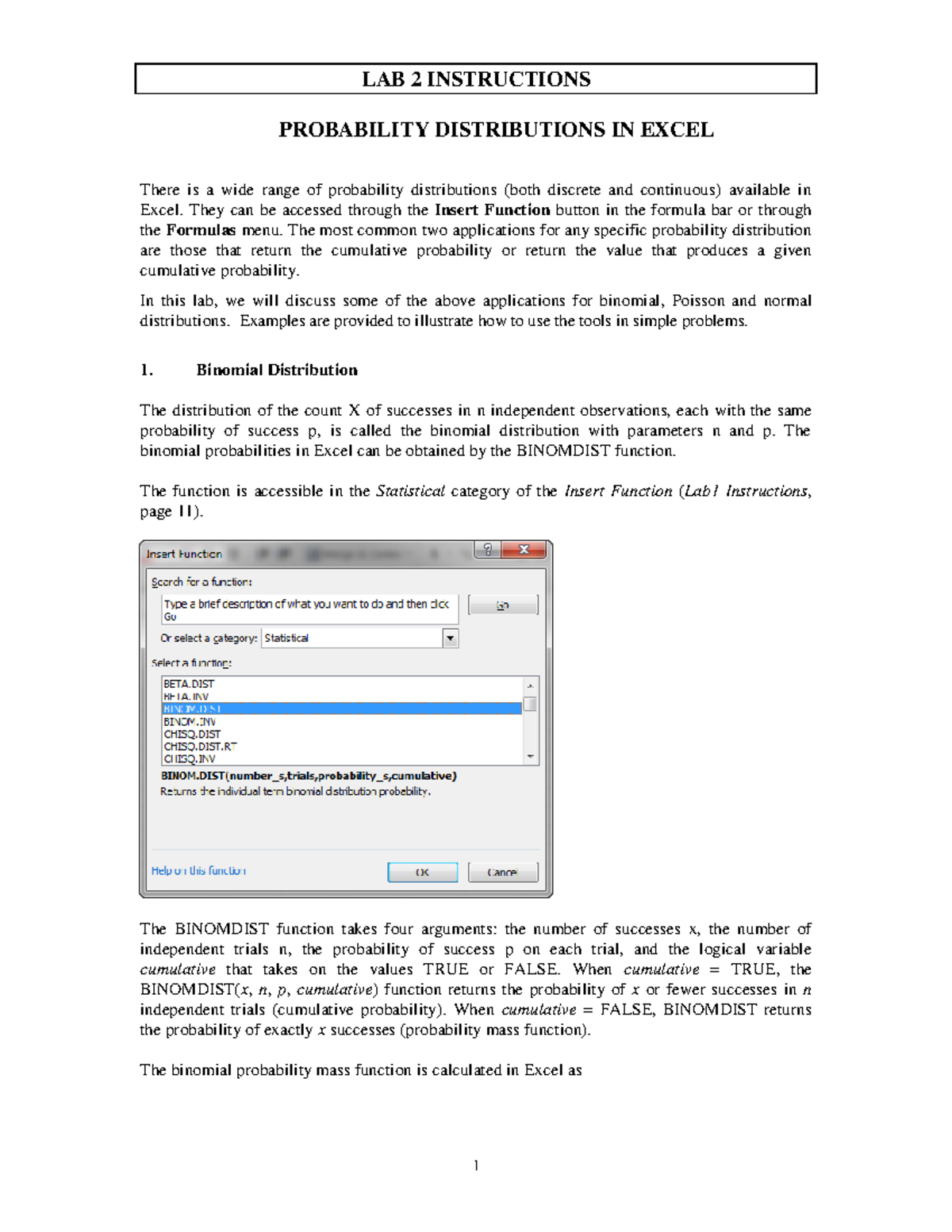 STAT235 LAB 2 Instruction - LAB 2 INSTRUCTIONS PROBABILITY DISTRIBUTIONS IN EXCEL There is a ...