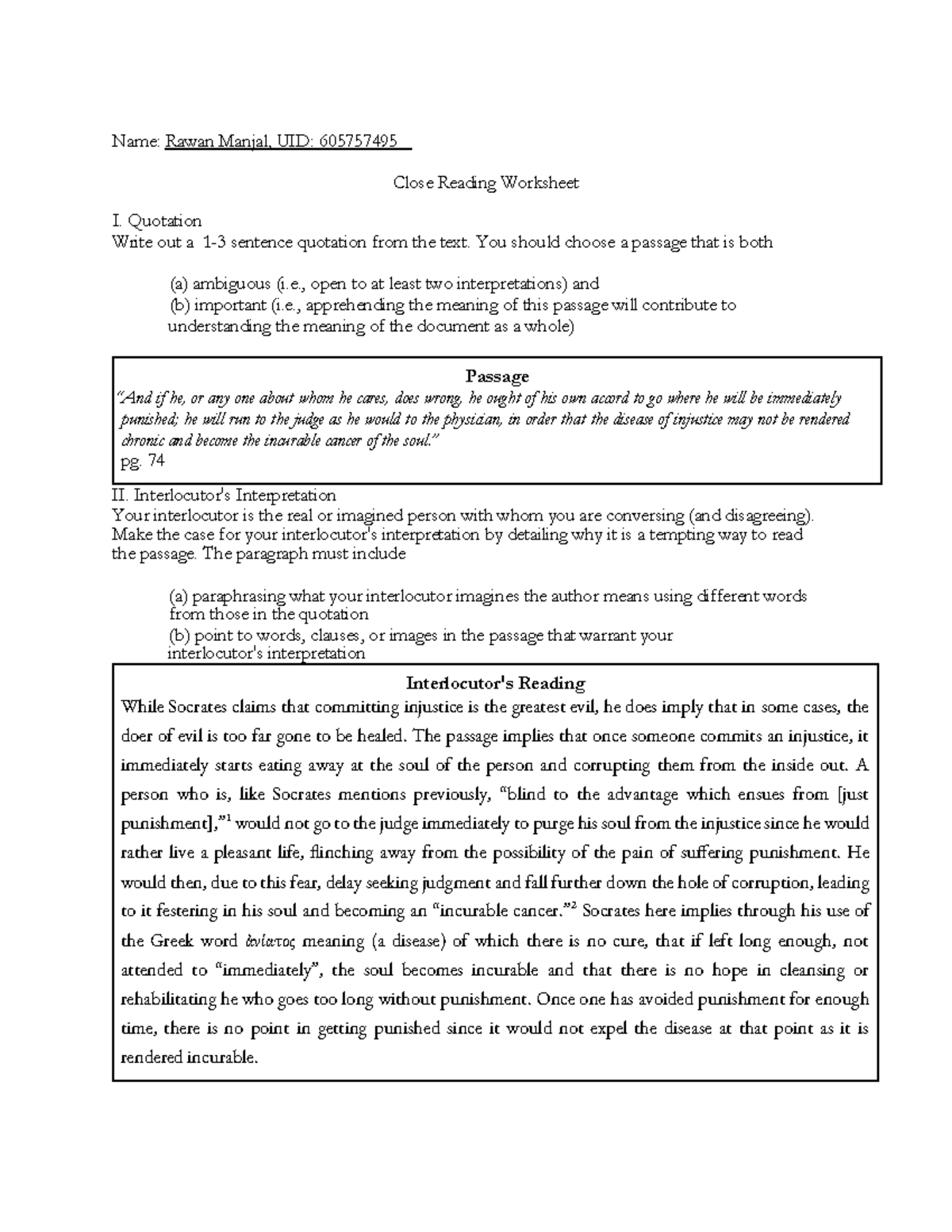 Plato Close Reading Worksheet - Name: Rawan Manjal, UID: 605757495 ...
