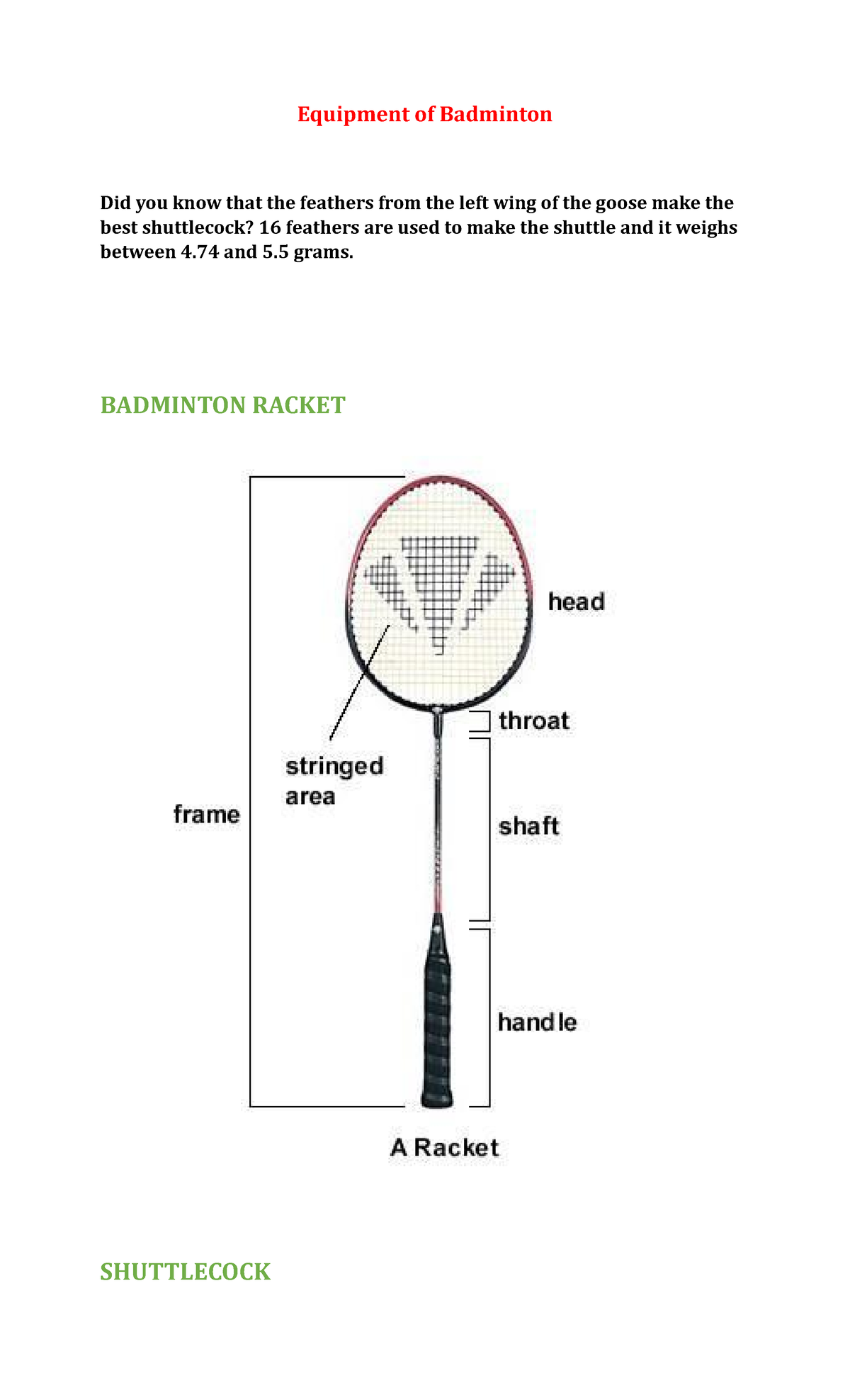 Equipment of Badminton - BADMINTON RACKET SHUTTLECOCK 1. Racket ...