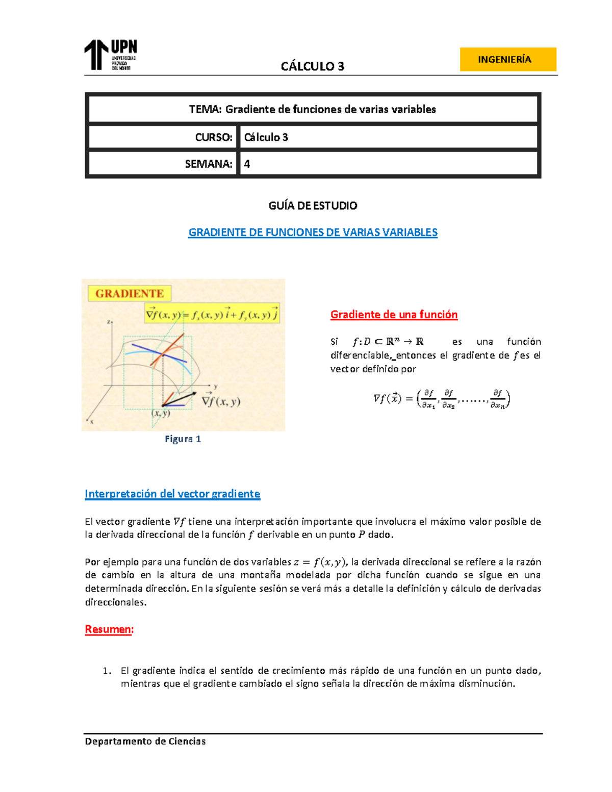 Taller de Teoria Semana 04 - CÁLCULO 3 TEMA: Gradiente de funciones de varias variables CURSO ...