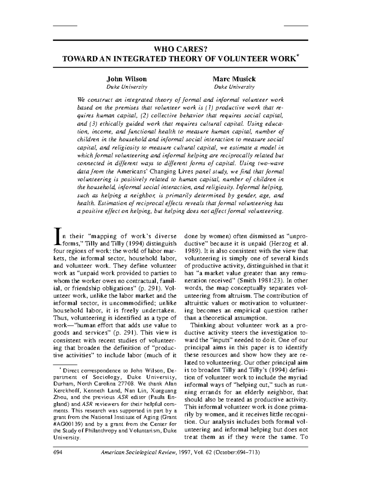 Wilson - Lecture notes - 694 AMERICAN SOCIOLOGICAL REVIEW 694 American ...