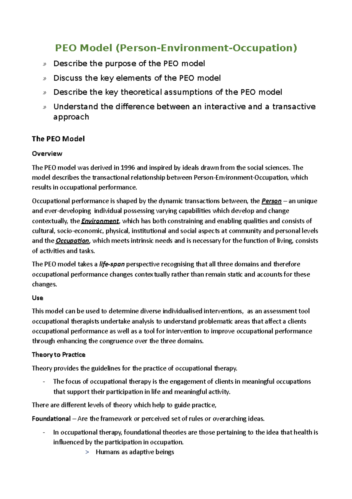 PEO Model - thing - OCCT1201 - UoN - Studocu