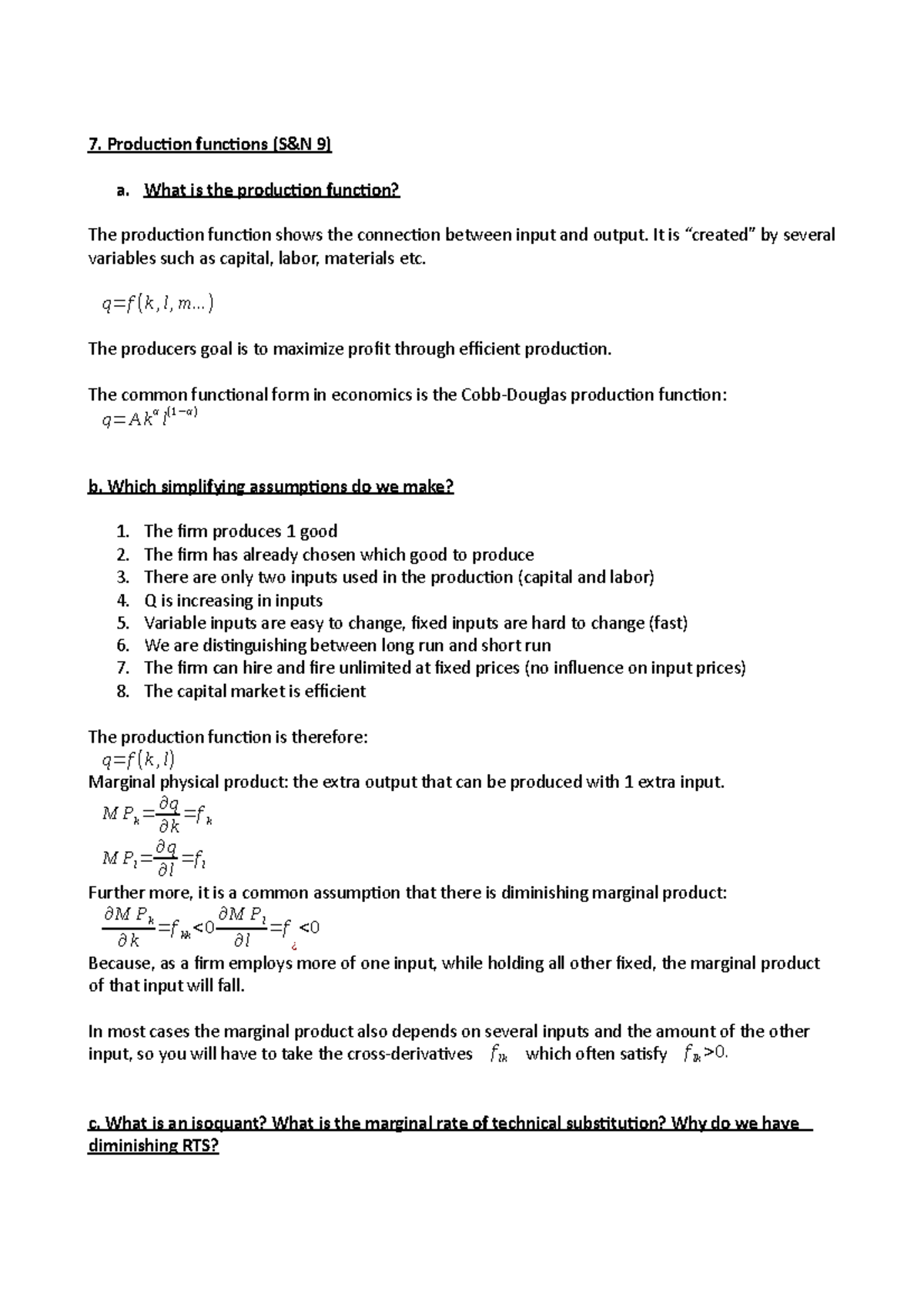 7. Production Functions - 7. Production functions 9) a. What is the ...