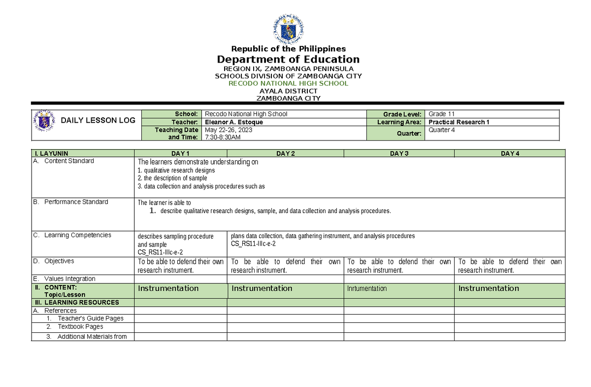 Daily Lesson Log - Republic of the Philippines Department of Education ...