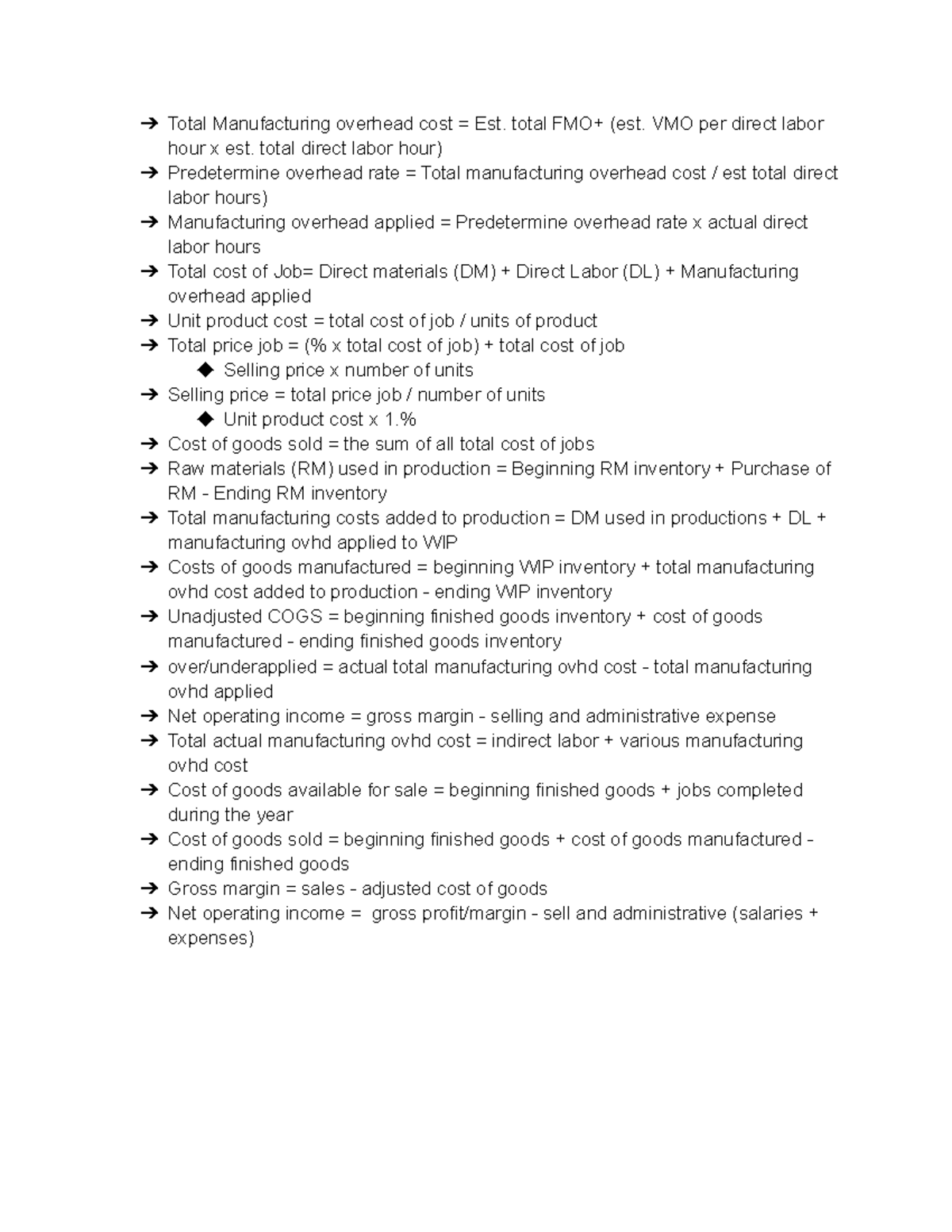 ACCT 201B Formula Sheet- exam 1 - Total Manufacturing overhead cost ...