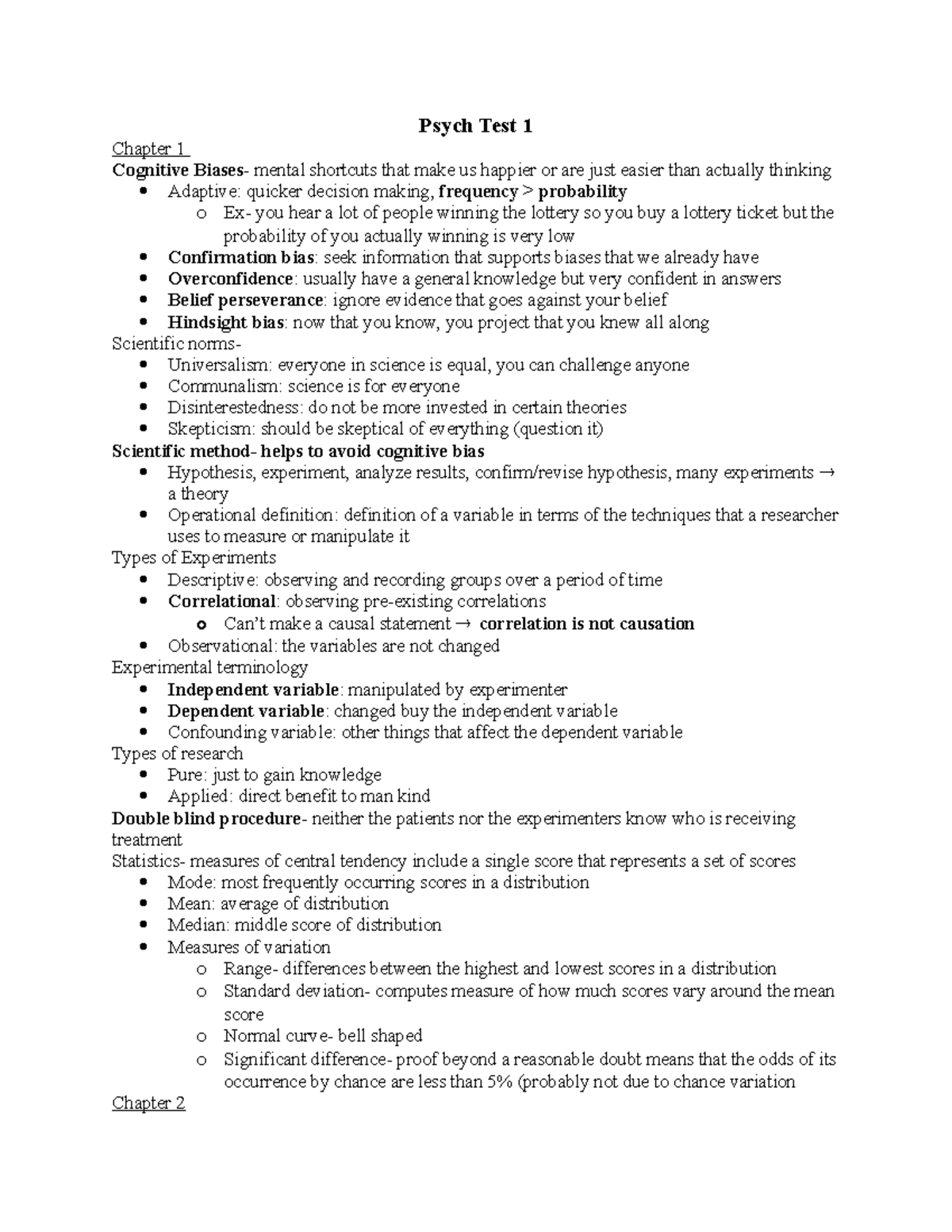 Psych study guide 1 - Psych Test 1 Chapter 1 Cognitive mental shortcuts ...