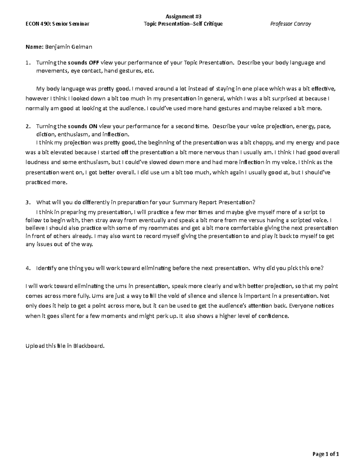 Assignment 3 - Topic Presentation Self Critique - Assignment # ECON 490 ...