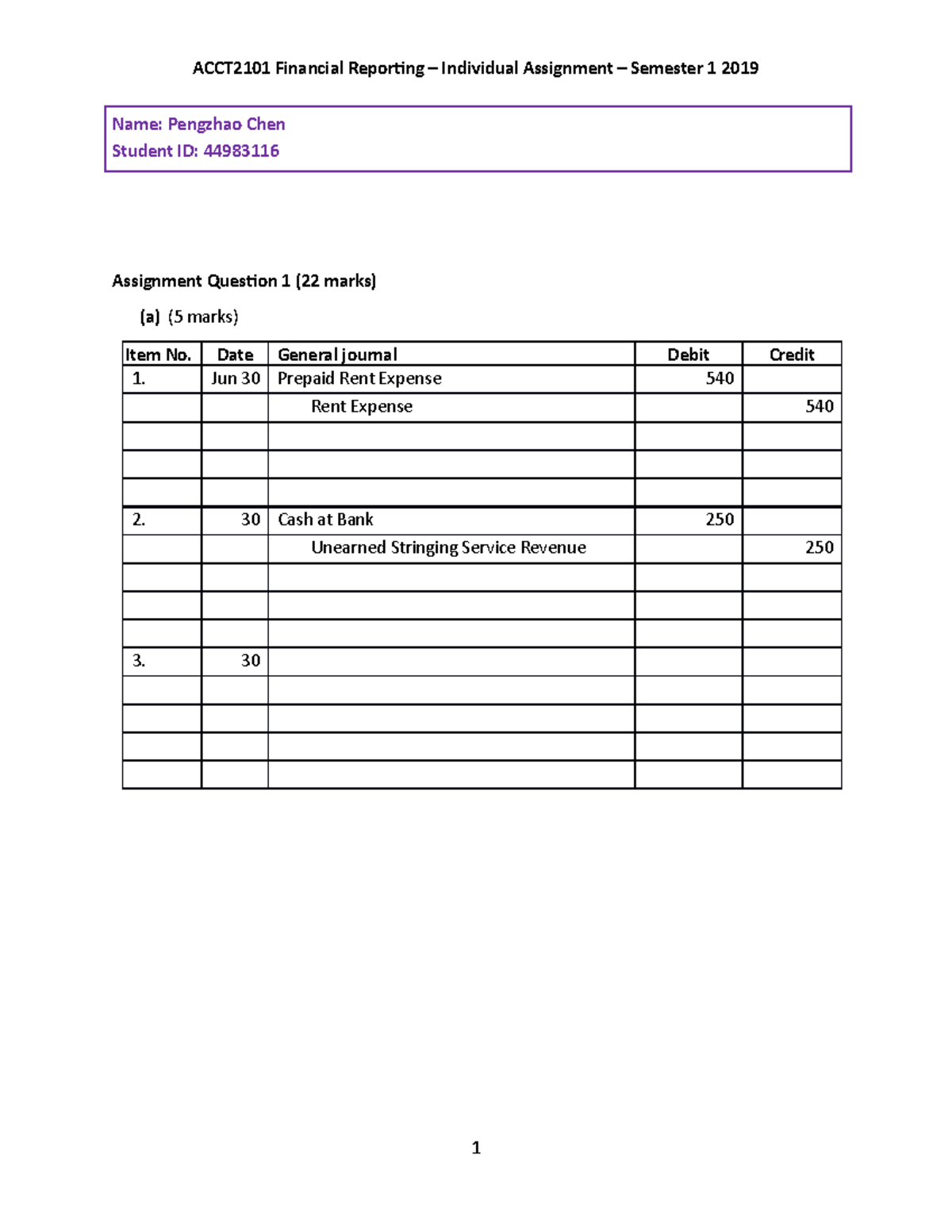 Individual Assignment Answer Sheet - ACCT2101 Financial Reporting ...