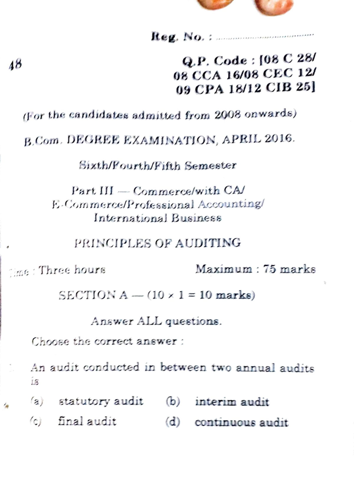 PA - Question Paper - ####### eg. No. : qP. Code : [ C 28/ 08 CCA 16 ...