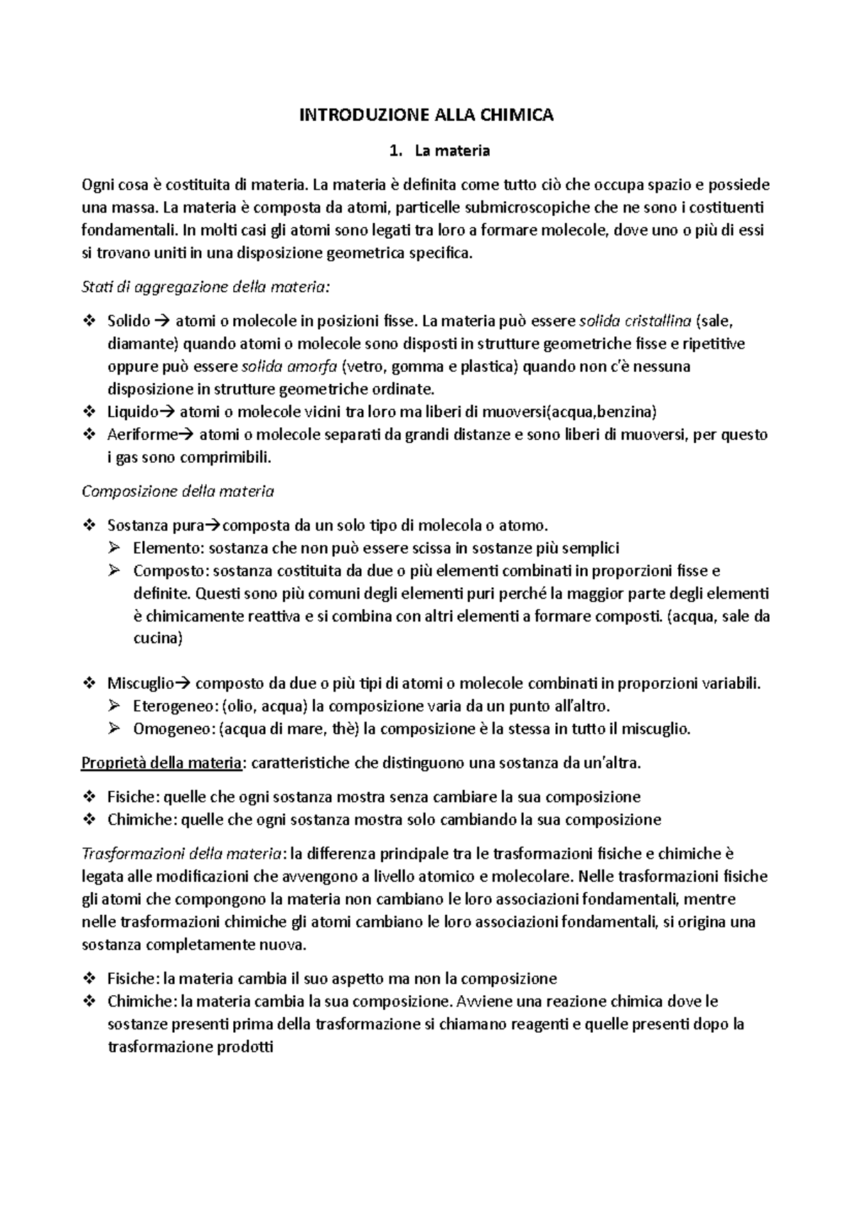 Introduzione ALLA Chimica - INTRODUZIONE ALLA CHIMICA La materia Ogni cosa è costituita di ...