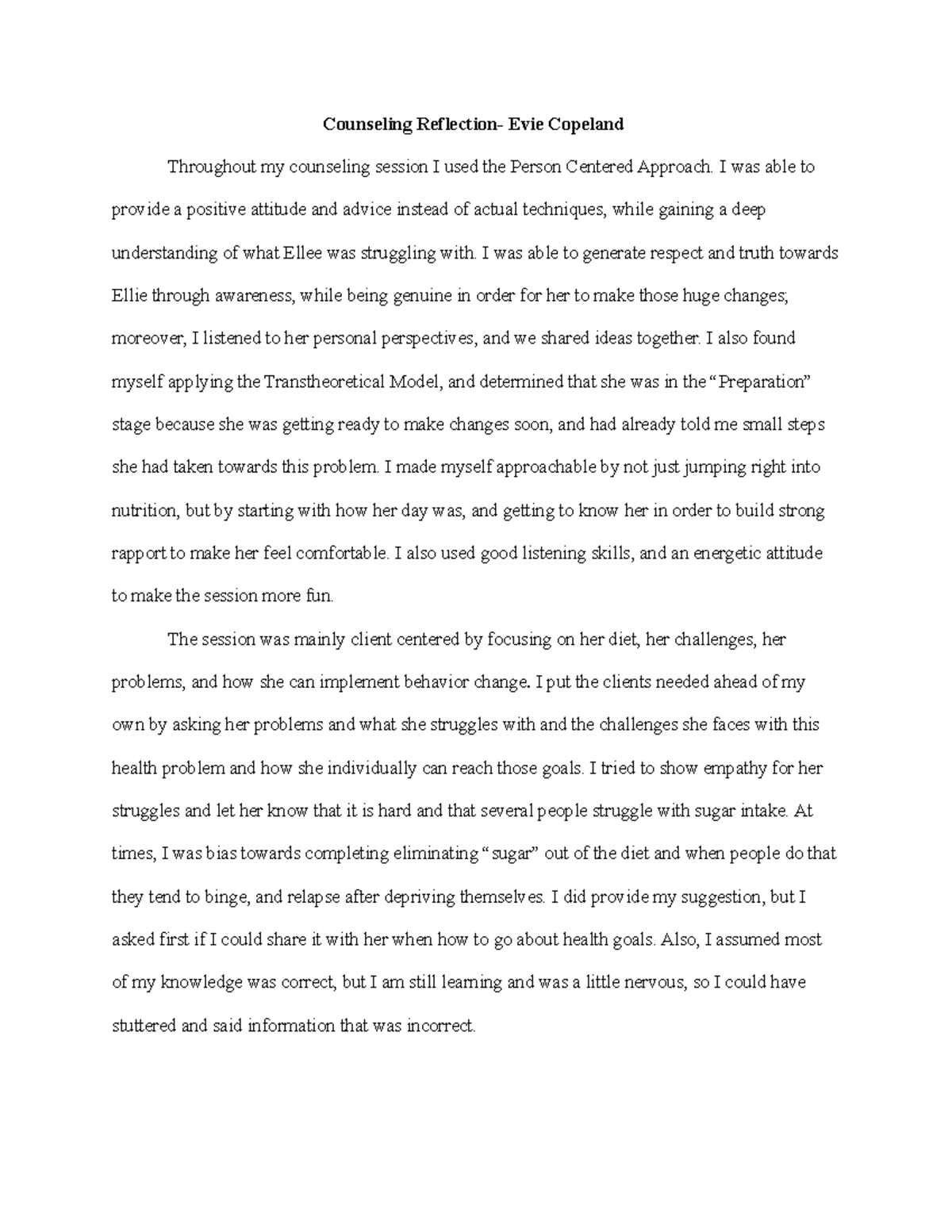 Counseling Session Reflection - Counseling Evie Copeland Throughout my ...