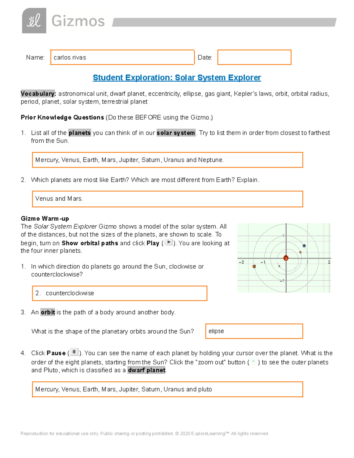 Copy of Solar System Explorer SE - Name: carlos rivas Date: Student ...