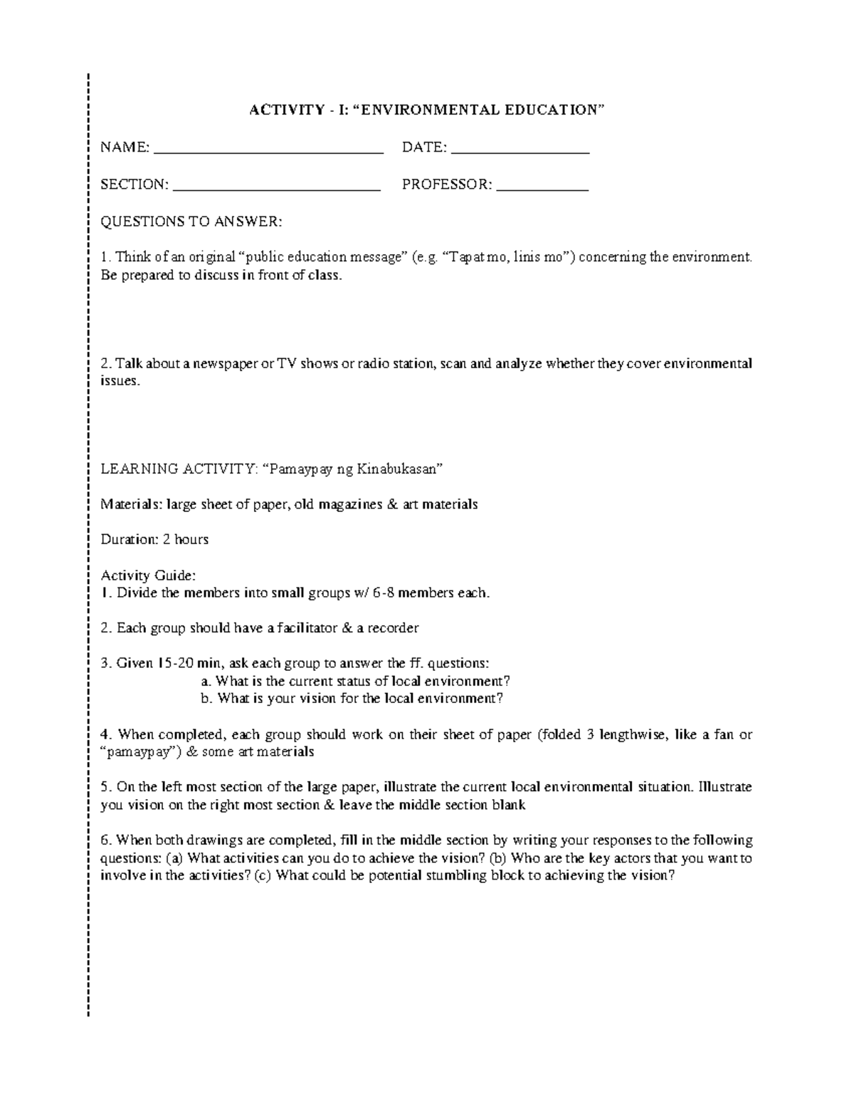 Activity 2 - For 1st year student only. - ACTIVITY - I: “ENVIRONMENTAL ...