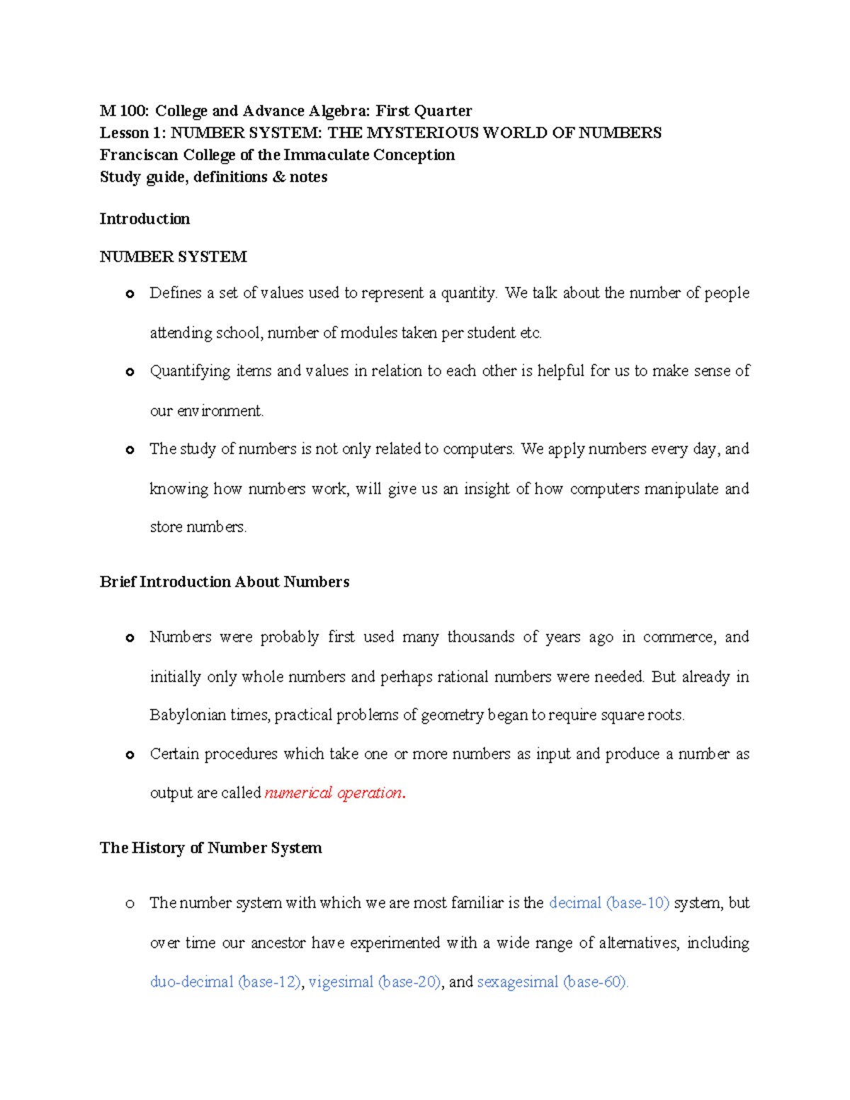 M 100 College and Advance Algebra First Quarter - M 100: College and ...