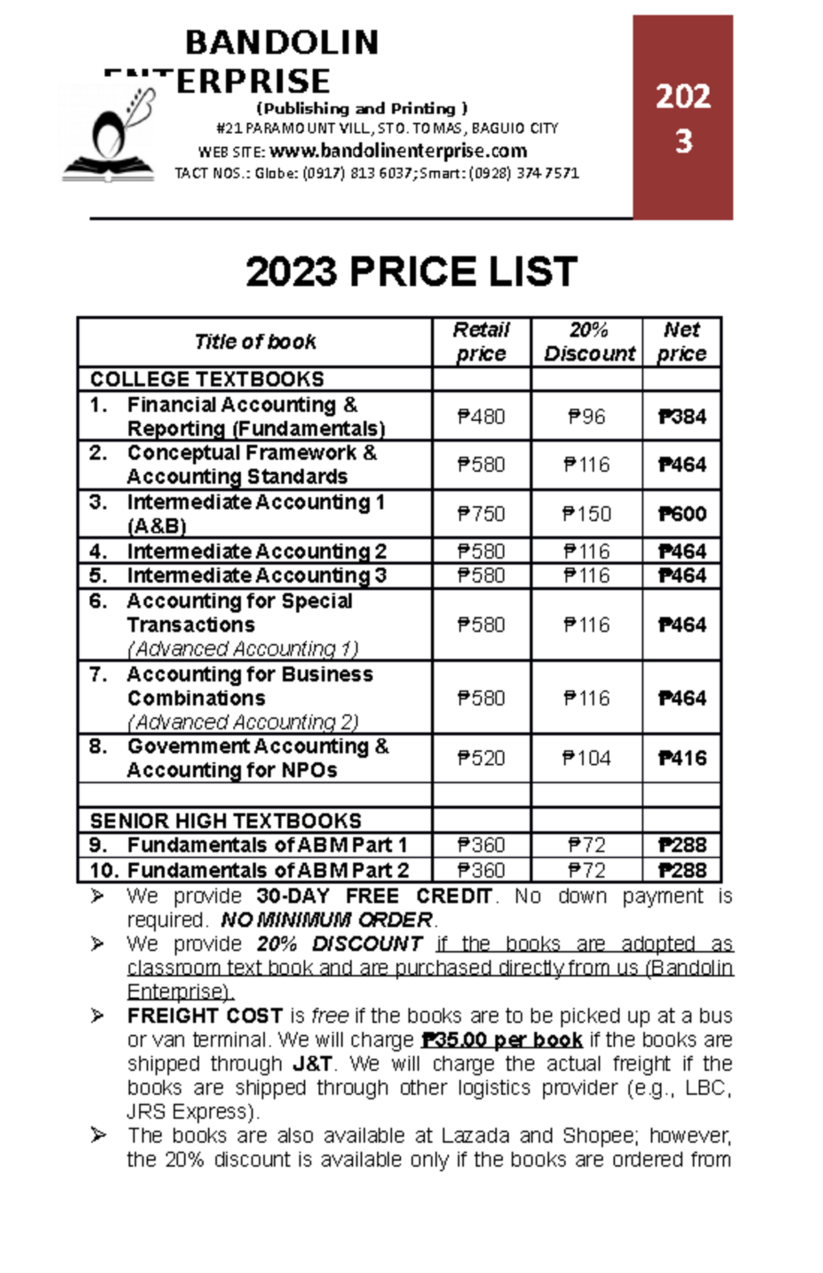 2023 Price-LIST FOR- Schools - BANDOLIN ENTERPRISE (Publishing and ...