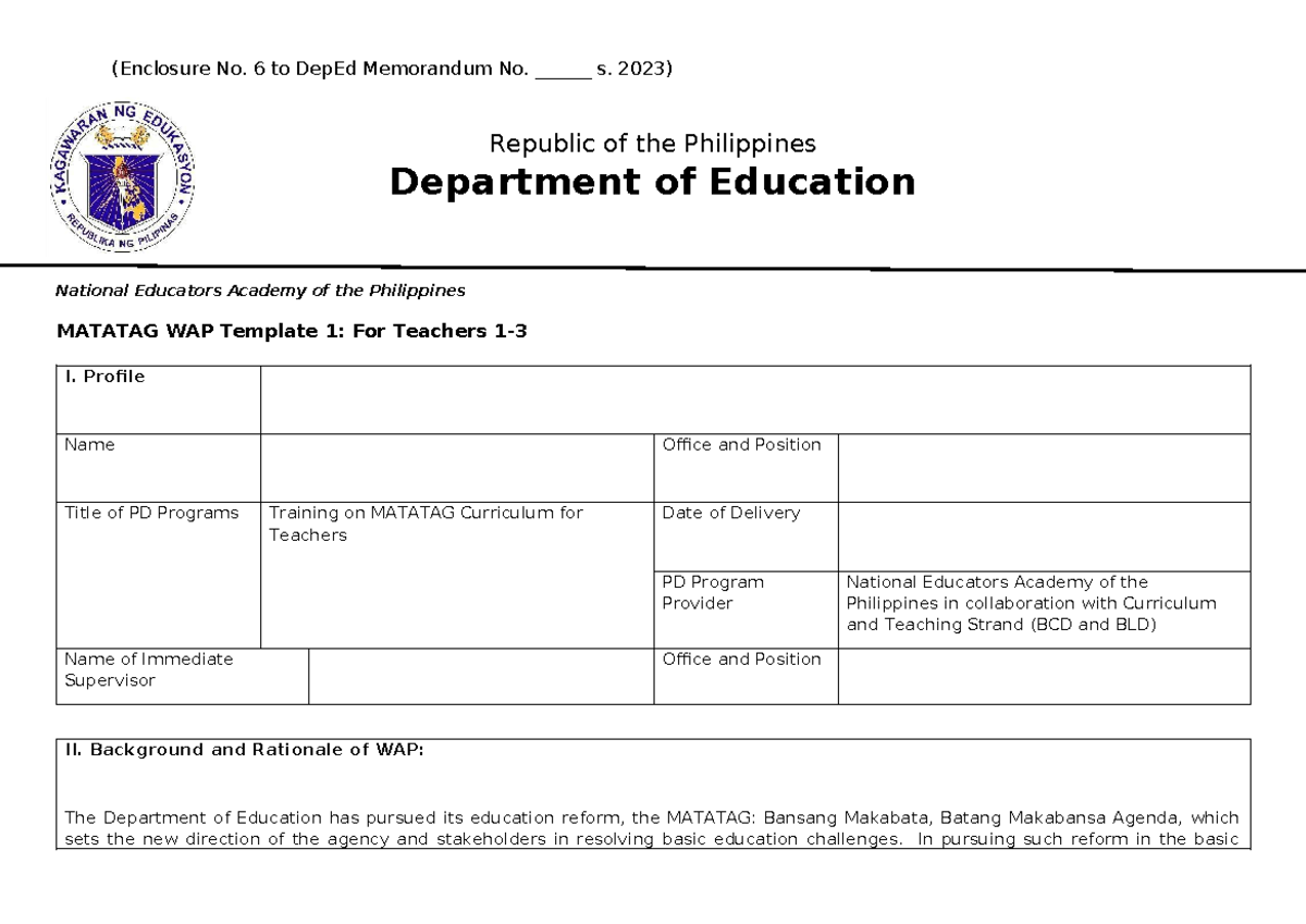 WAP template for Teachers - (Enclosure No. 6 to DepEd Memorandum No ...