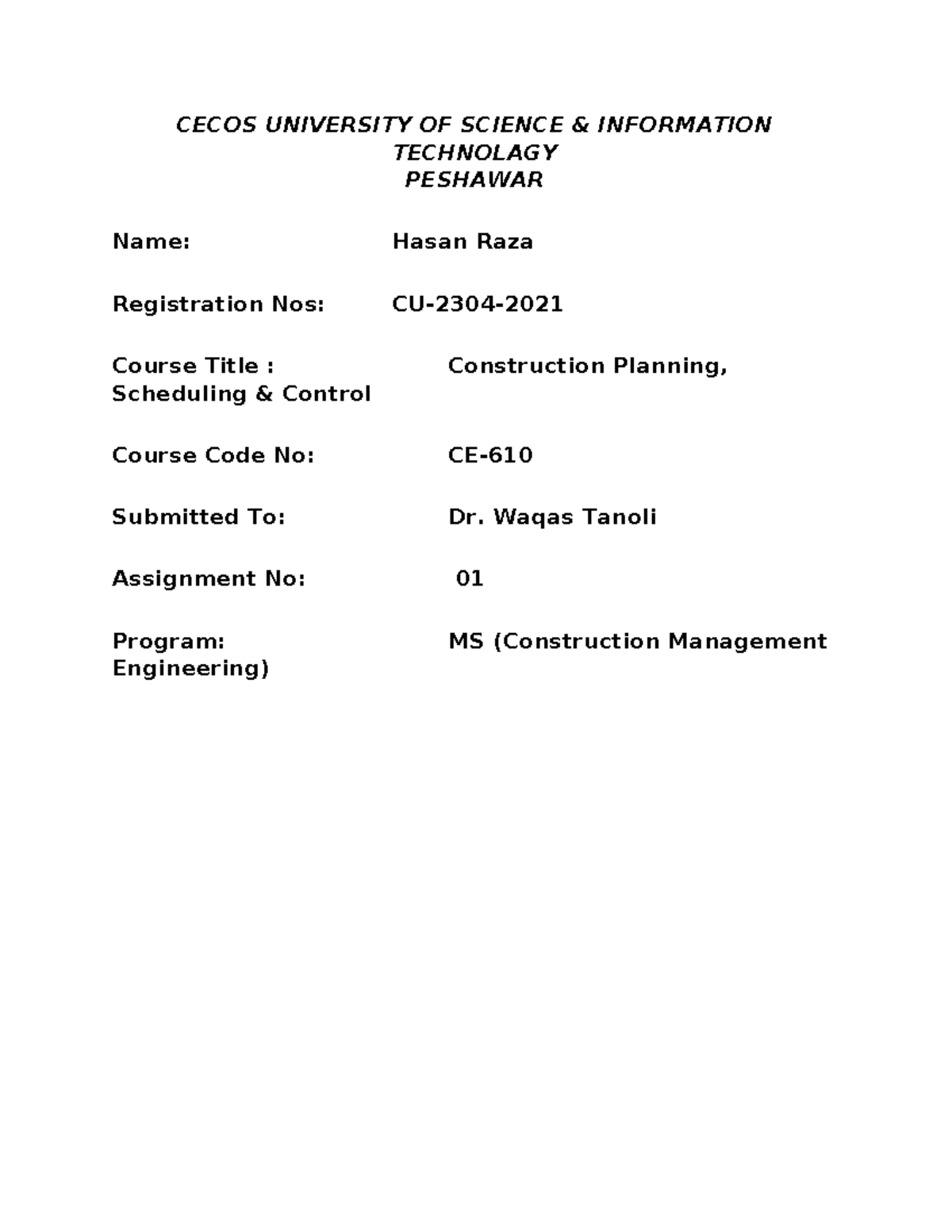 Hasan Raza (Cu-2304-2021) - CECOS UNIVERSITY OF SCIENCE & INFORMATION ...