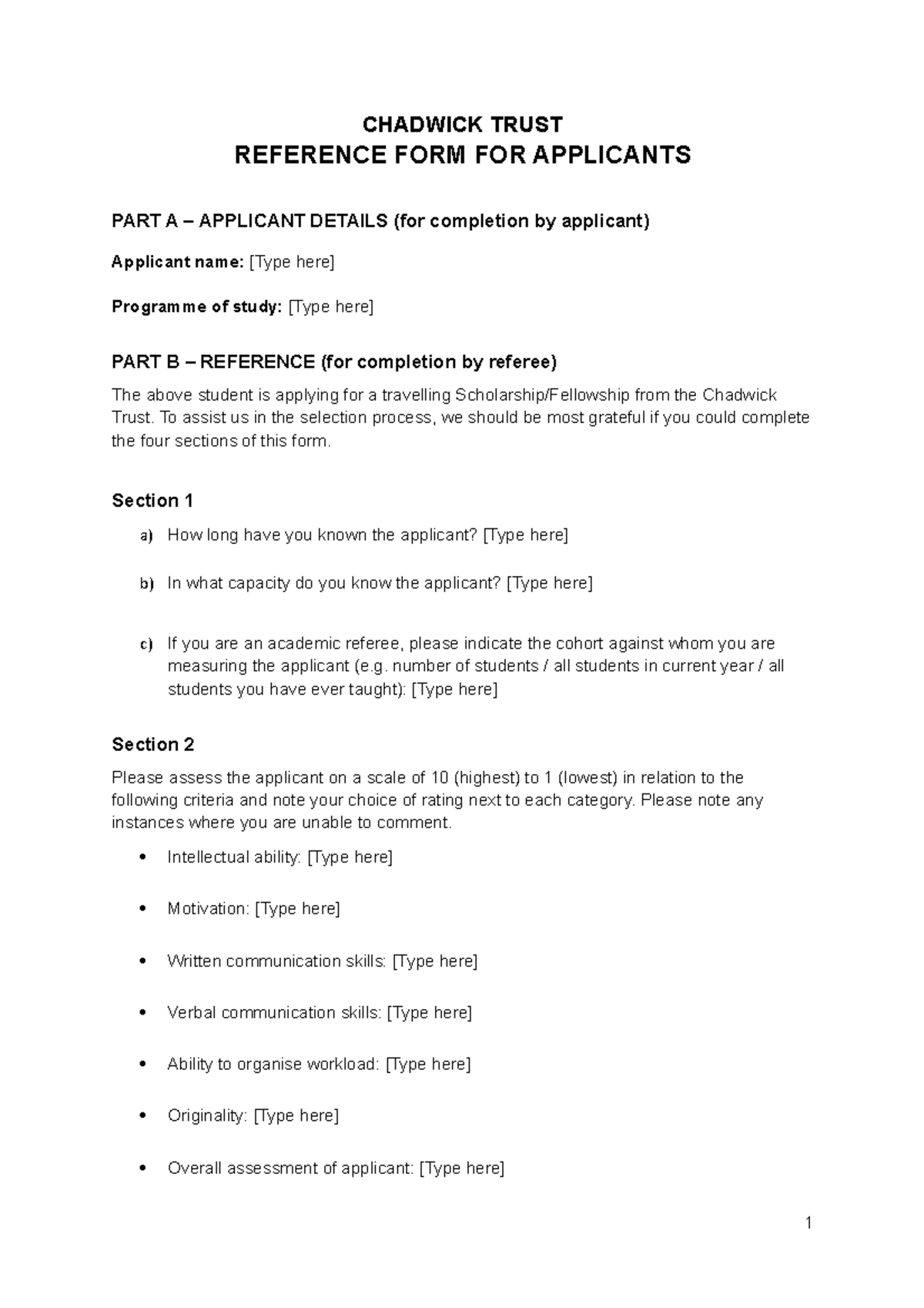 Reference form - CHADWICK TRUST REFERENCE FORM FOR APPLICANTS PART A ...