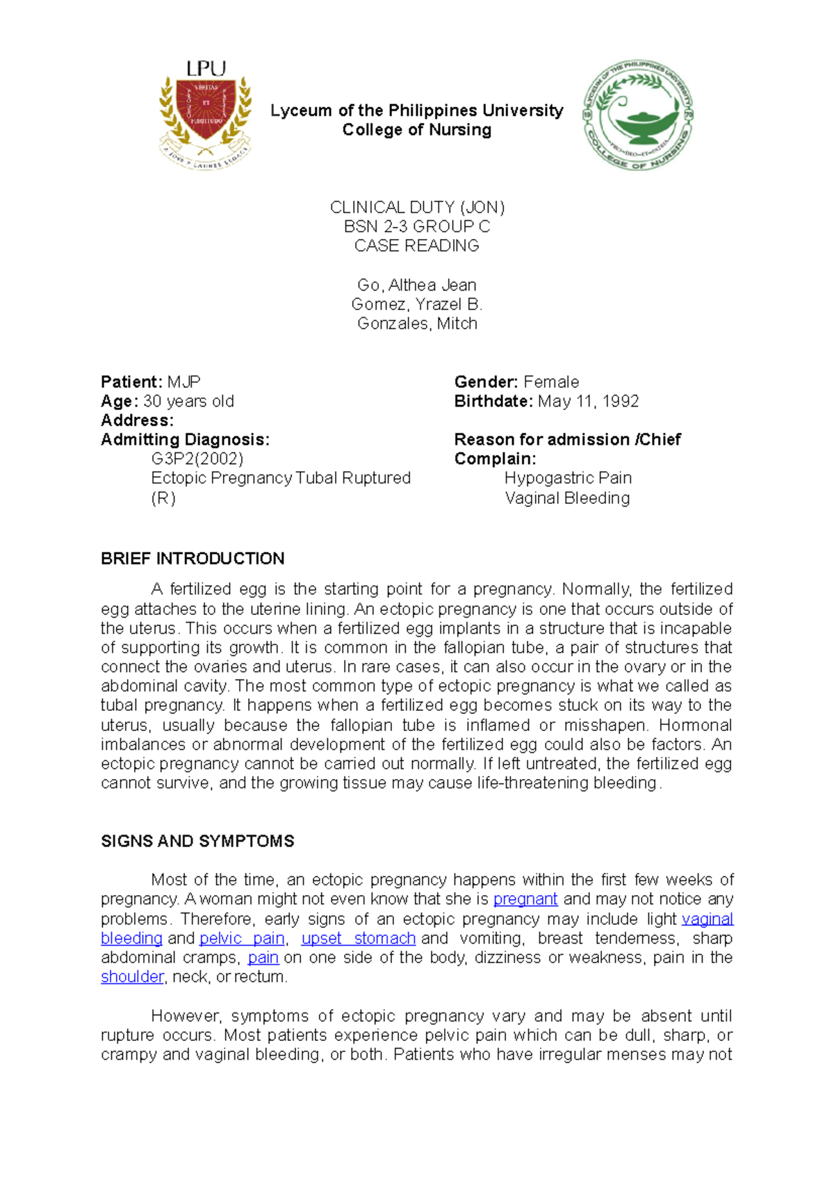 Case Reading Patient - Lyceum of the Philippines University College of ...