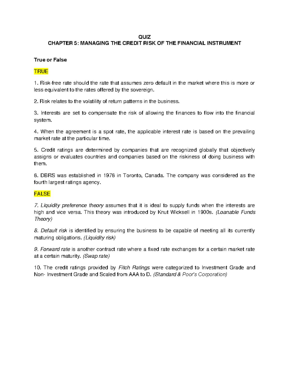 FM Quiz Chapter 5 - Review question - QUIZ CHAPTER 5: MANAGING THE ...