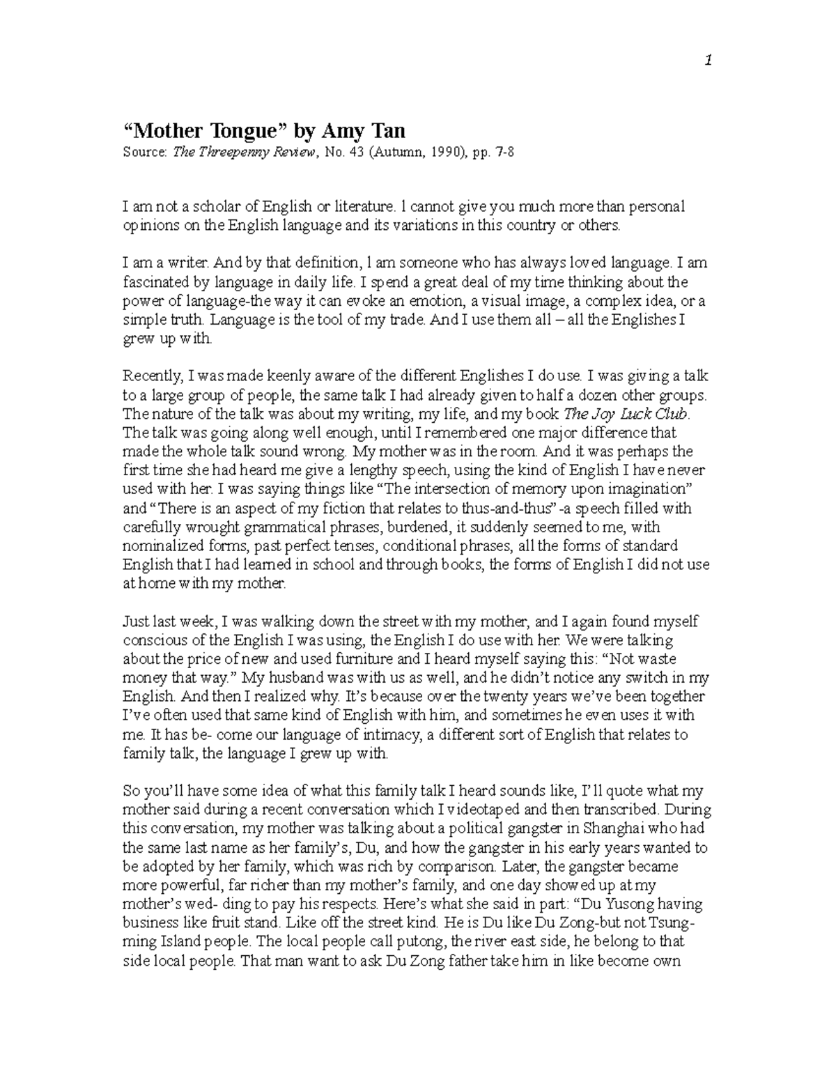 Tan 1990 Mother Tongue - Freshman Composition ENGL 11000 B2[10555 ...