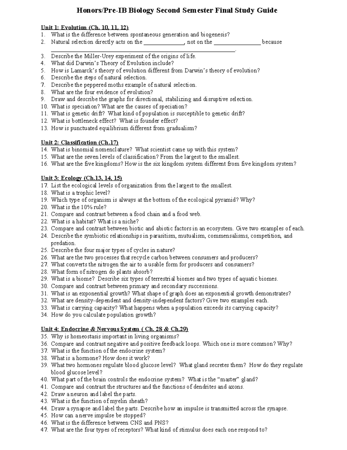 Honors Biology Second Semester Final Study Guide - Honors/Pre-IB ...