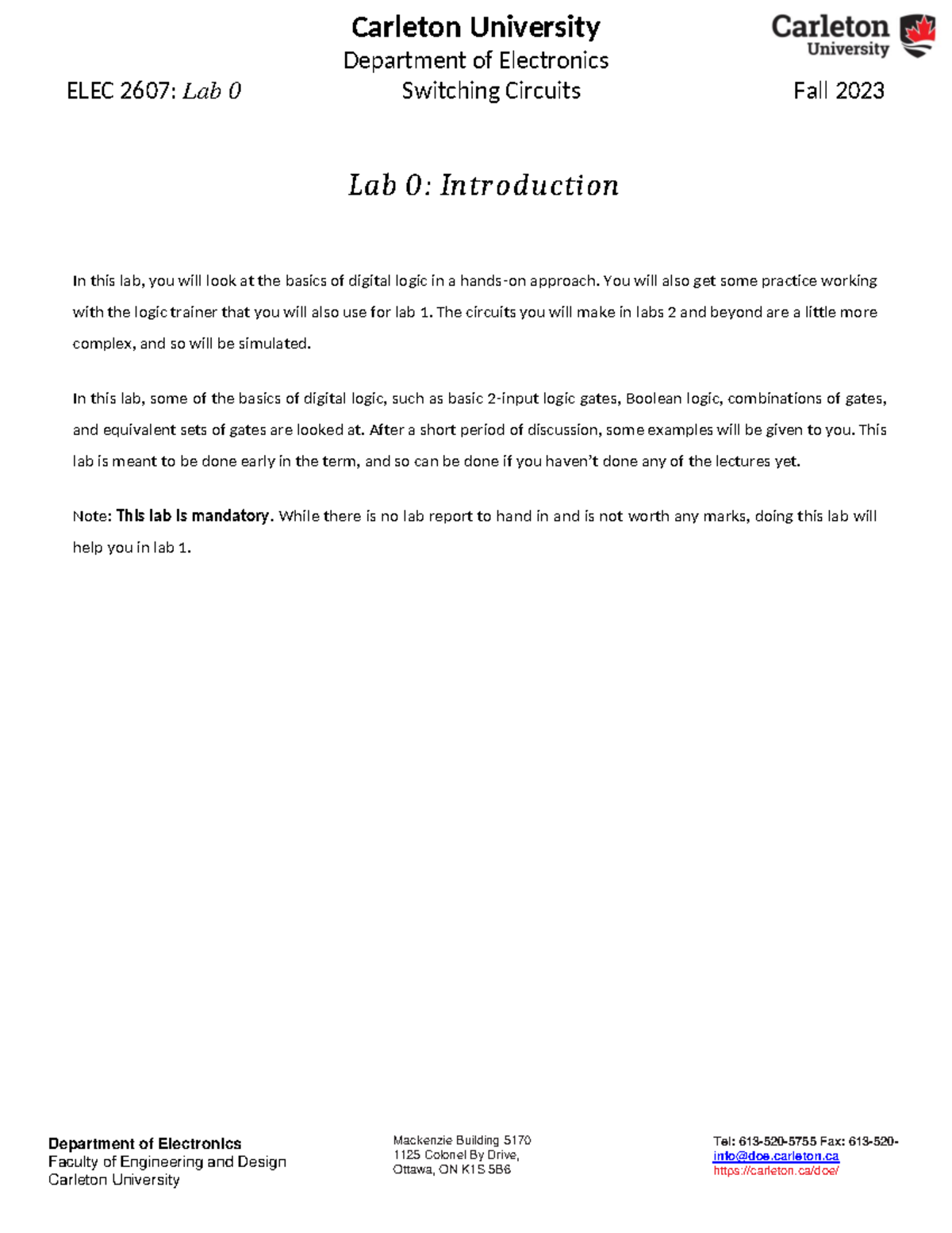 ELEC 2607 Lab 0 Updated Sep2023 - Department of Electronics ELEC 2607 ...