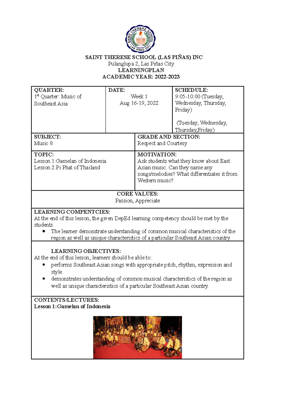 Music 8 WEEK 1 Outline - SAINT THERESE SCHOOL (LAS PIÑAS) INC ...