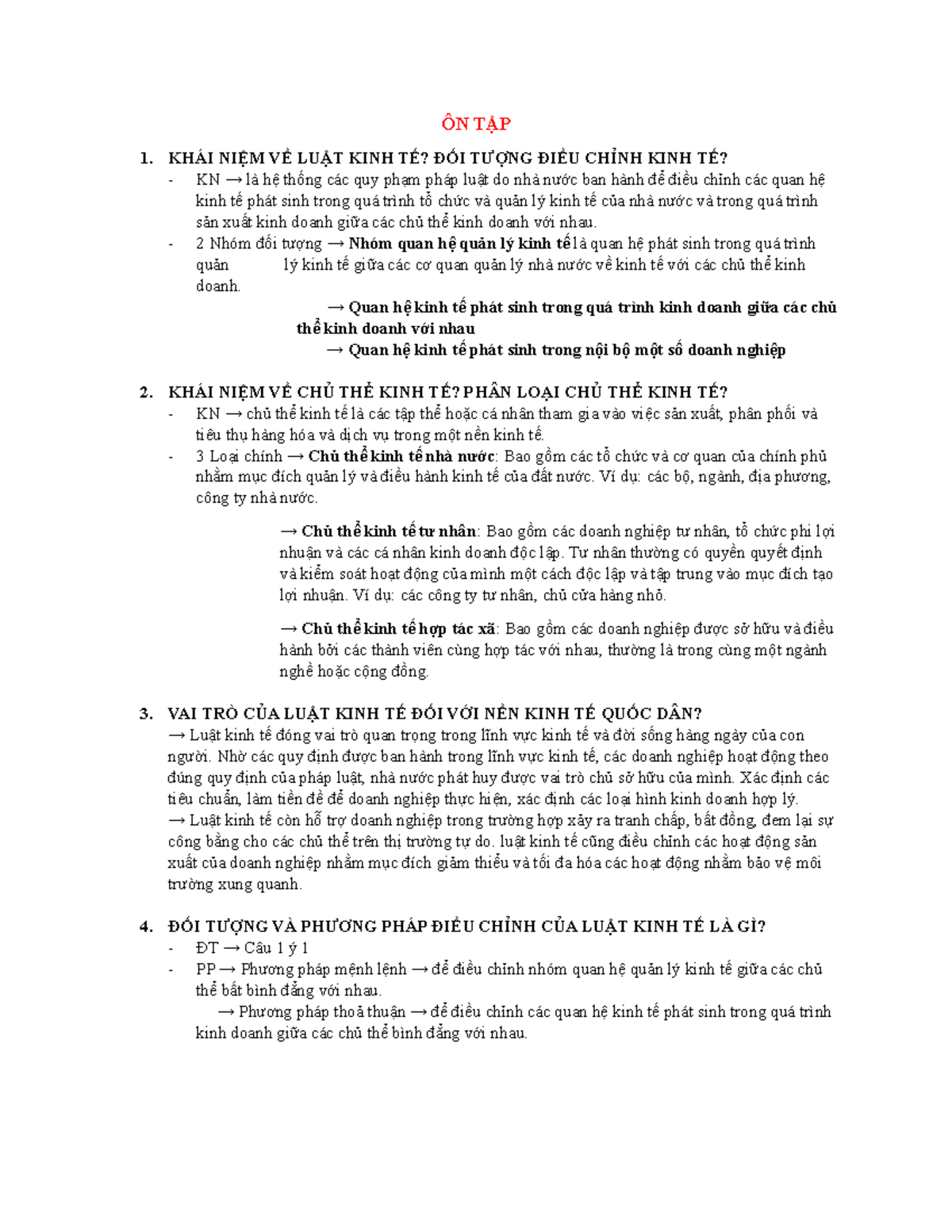 ÔN TẬP - learning about economy - ÔN TẬP 1. KHÁI NIỆM VỀ LUẬT KINH TẾ ...