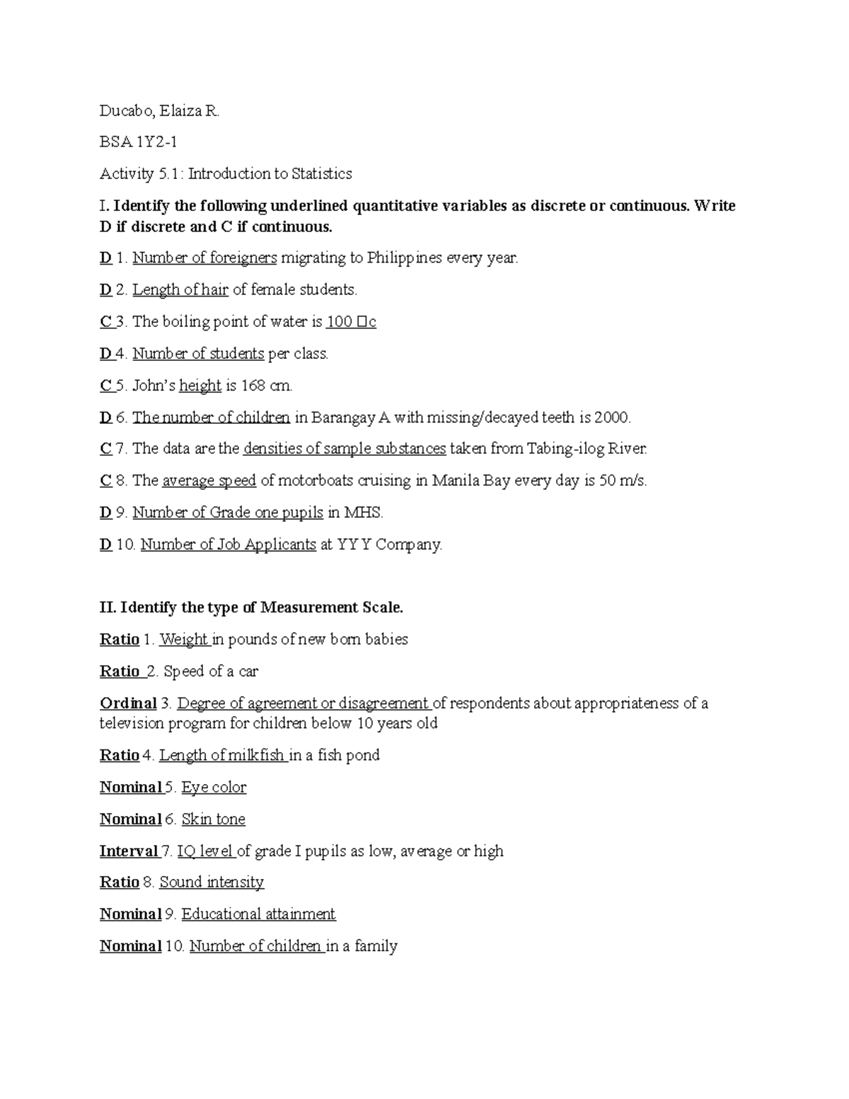 Activity 5.1 Introduction to Statistics - Ducabo, Elaiza R. BSA 1Y2 ...
