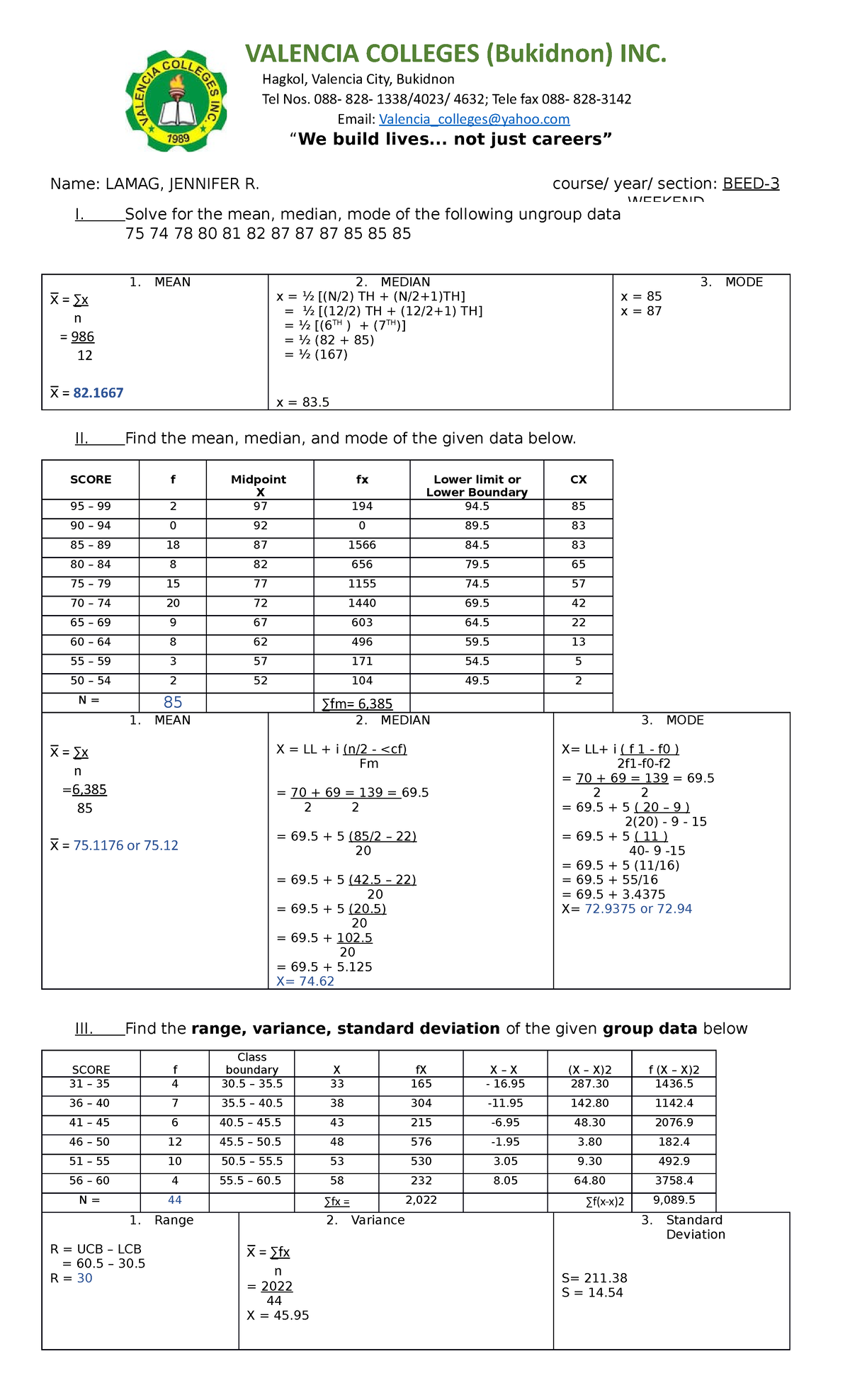 Statistics Lamag - fs field suddenly - Name: LAMAG, JENNIFER R. I ...
