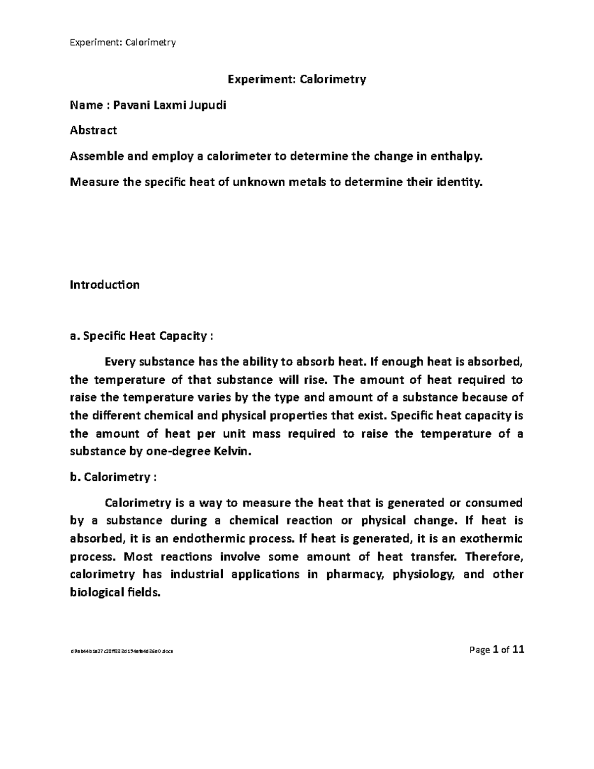 Lab 6 Calorimetry Report-pavani’s Mac Book Pro - Experiment ...