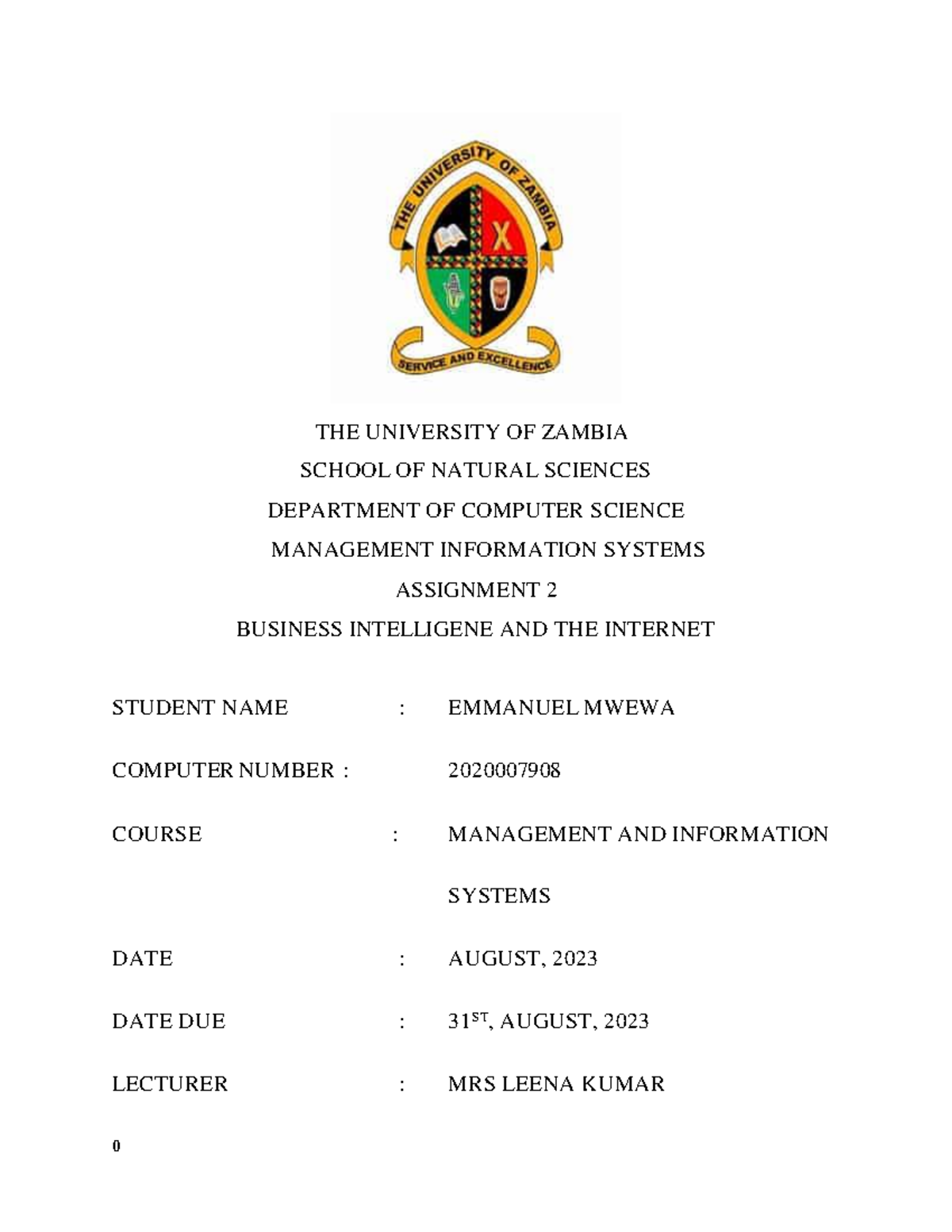 Assignment 2 Emmanuel Mwewa - THE UNIVERSITY OF ZAMBIA SCHOOL OF ...