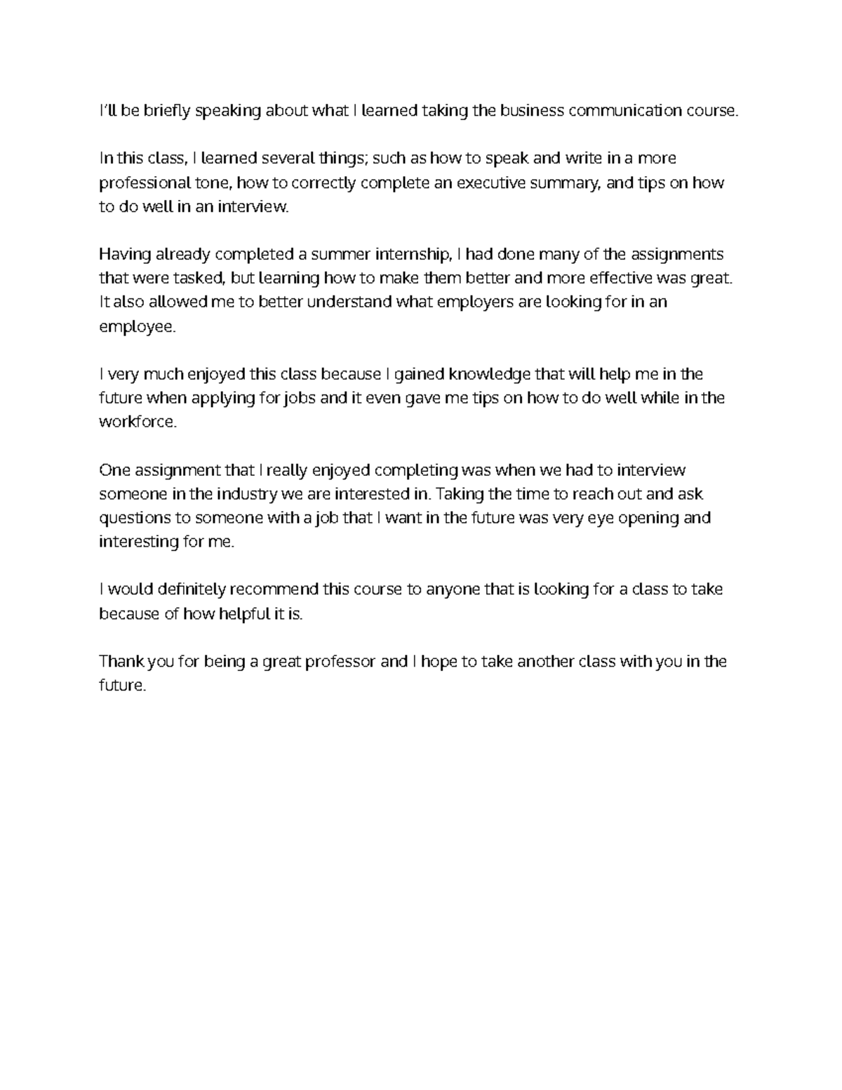 BUAD 350 final video - course recap outline - I’ll be briefly speaking ...