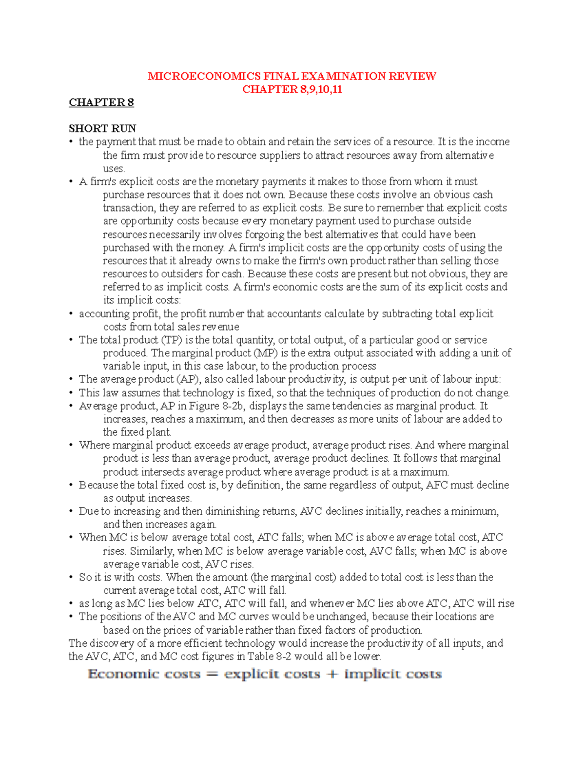 Microeconomics Final Examination Review - MICROECONOMICS FINAL ...