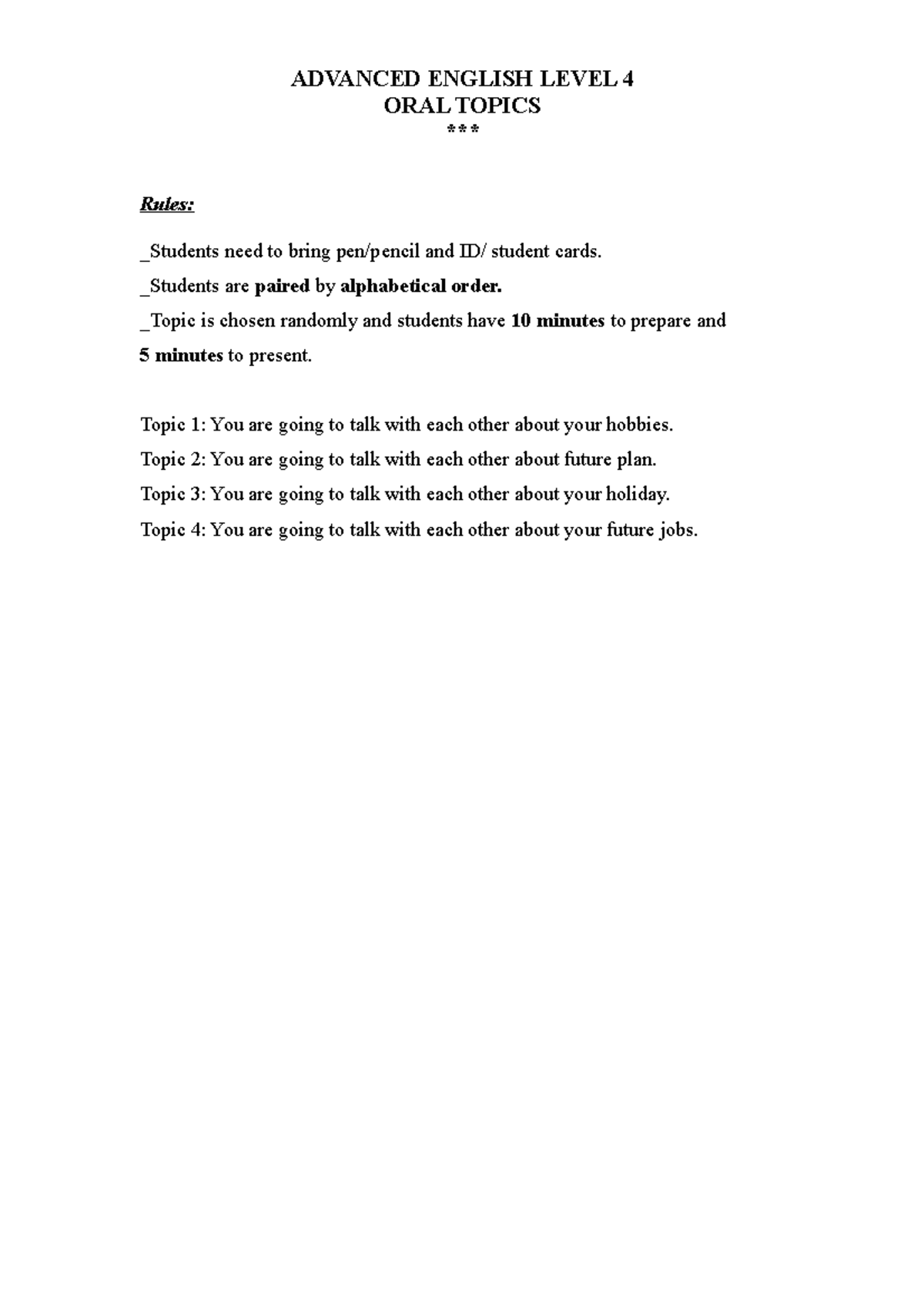 TANC4 ORAL Topics - Tiếng anh nâng cao 4 - ADVANCED ENGLISH LEVEL 4 ...