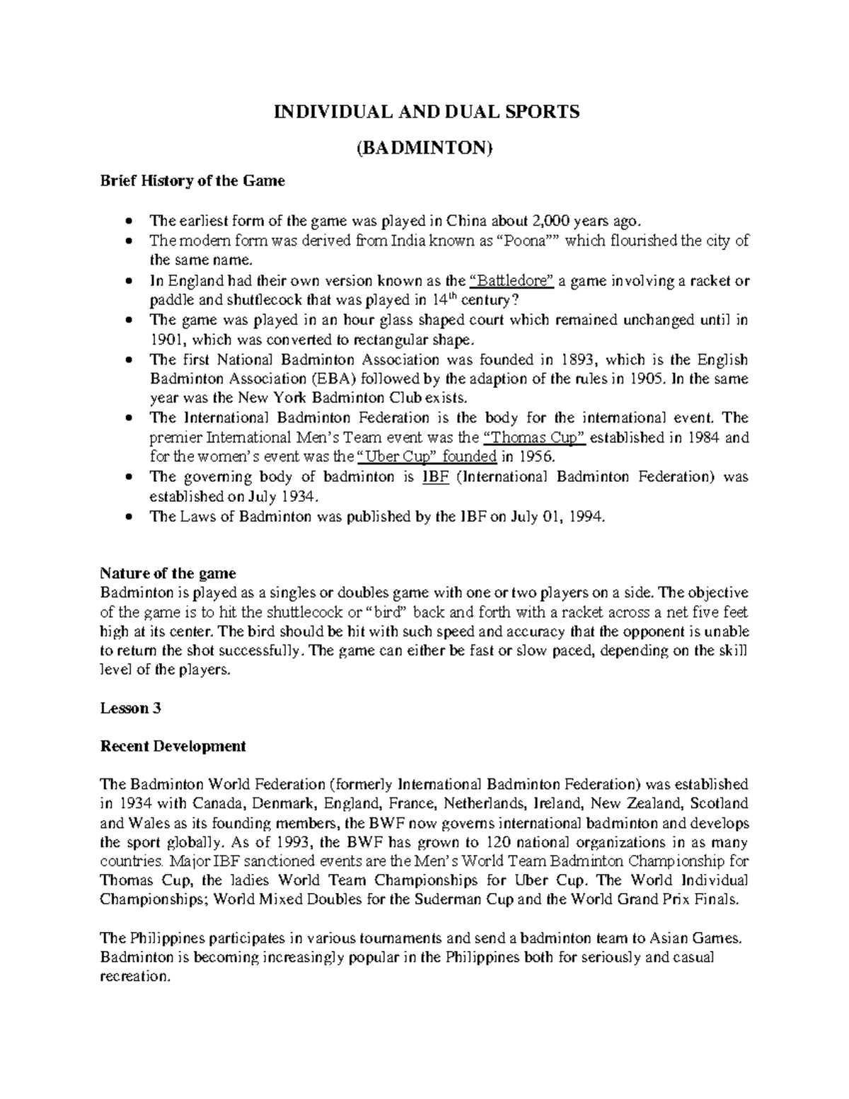 PE3-Badminton-Handouts - INDIVIDUAL AND DUAL SPORTS (BADMINTON) Brief ...