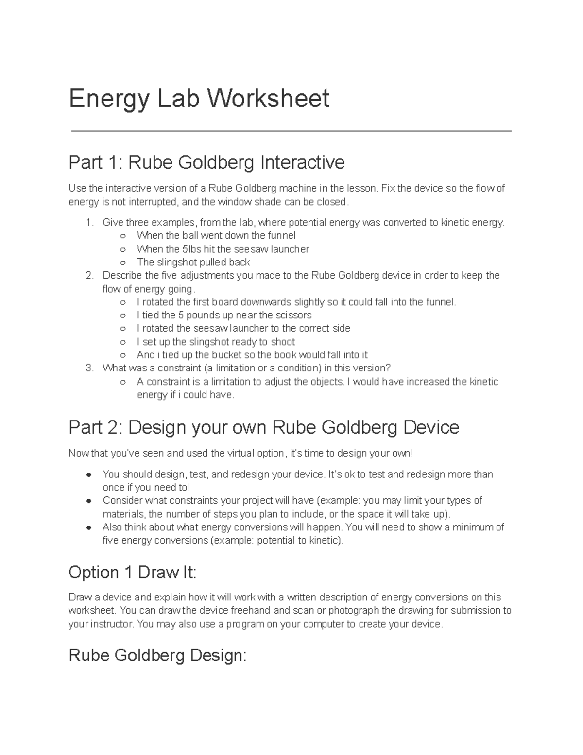Untitled document - ela assignment - Energy Lab Worksheet Part 1: Rube ...