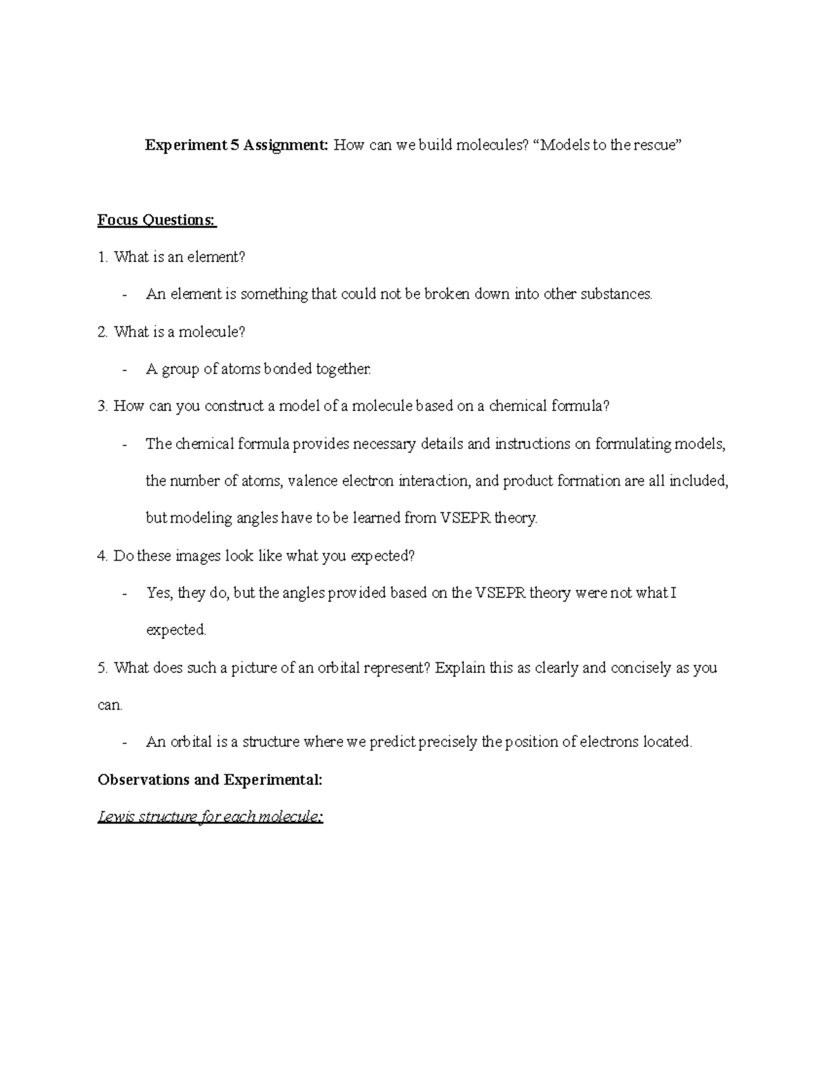 Lab 5 Assignment - Experiment 5 Assignment: How can we build molecules ...