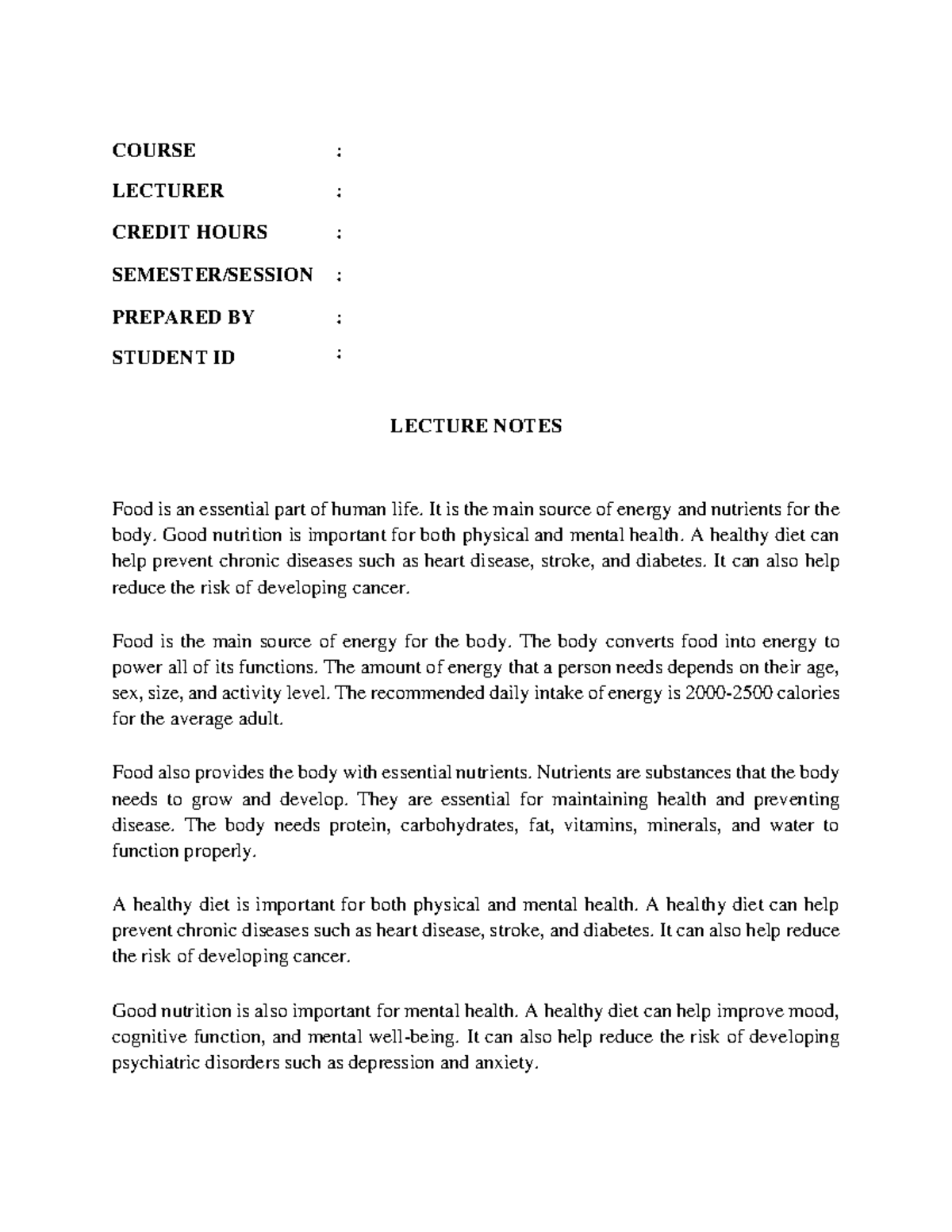 Foundations of Food, Nutrition and Health Lecture Notes - COURSE ...